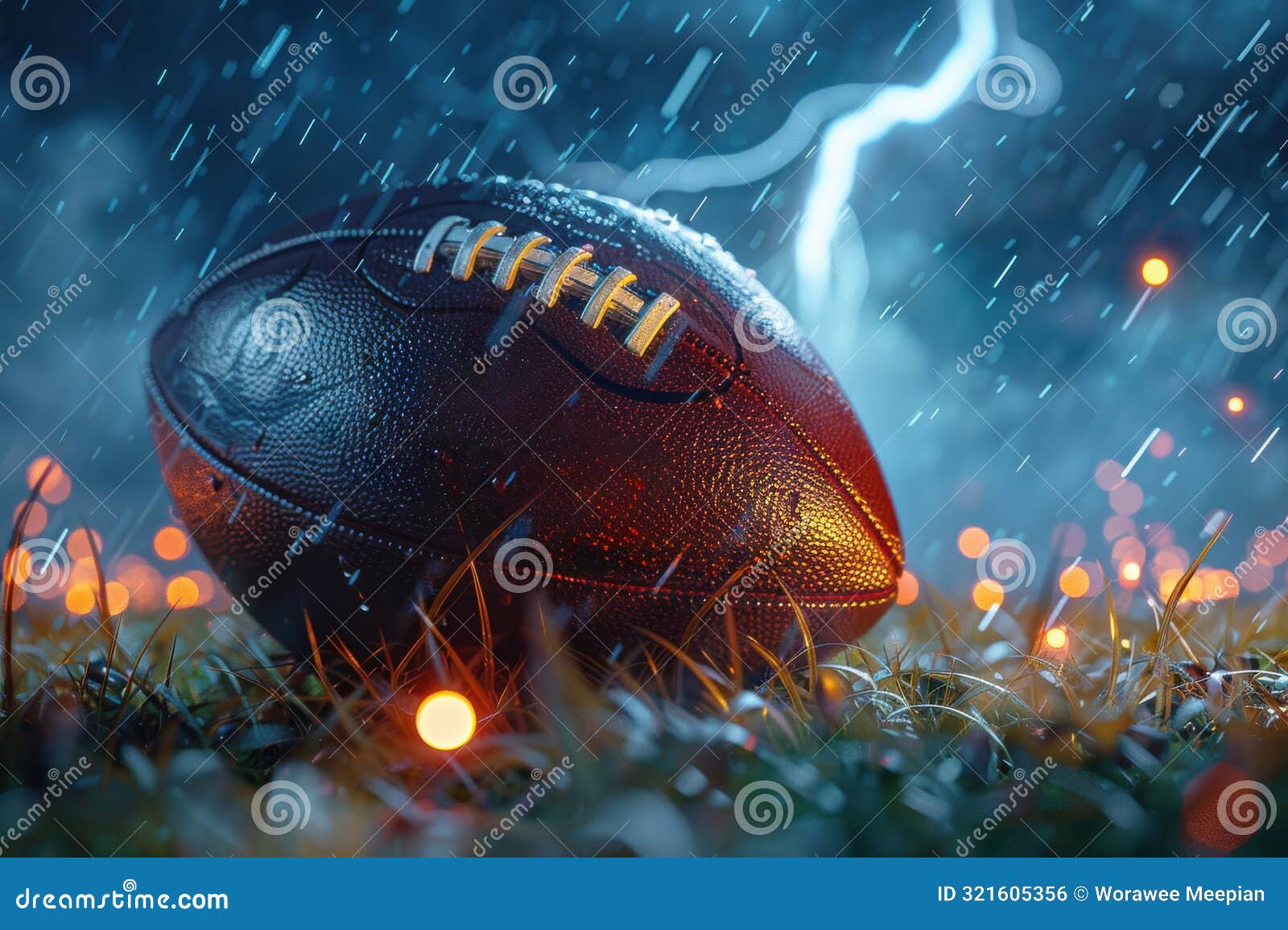 A Football is on the Ground in a Field with Rain and Lightning Stock ...