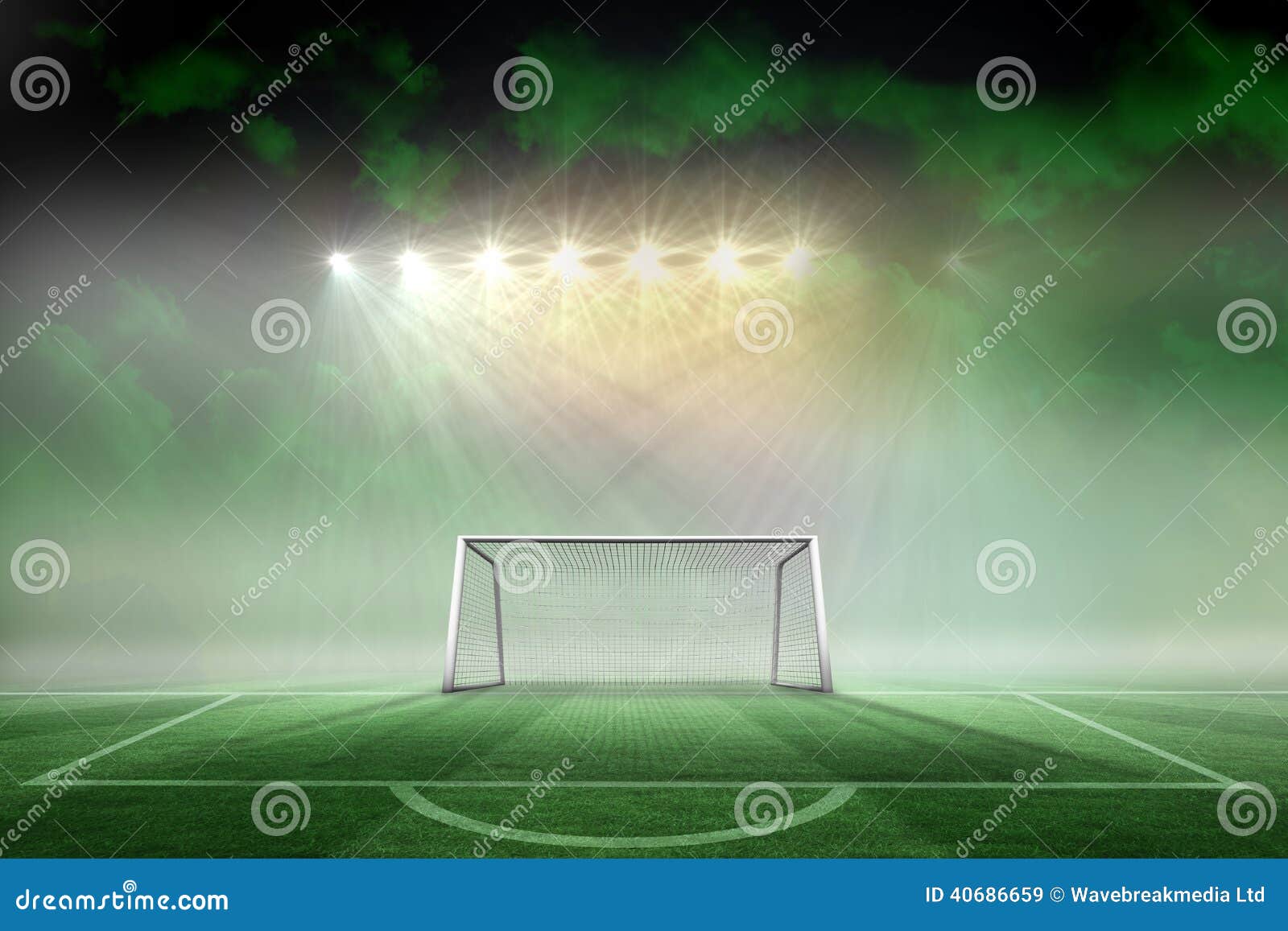 Football Pitch and Goal Under Spotlights Stock Illustration ...
