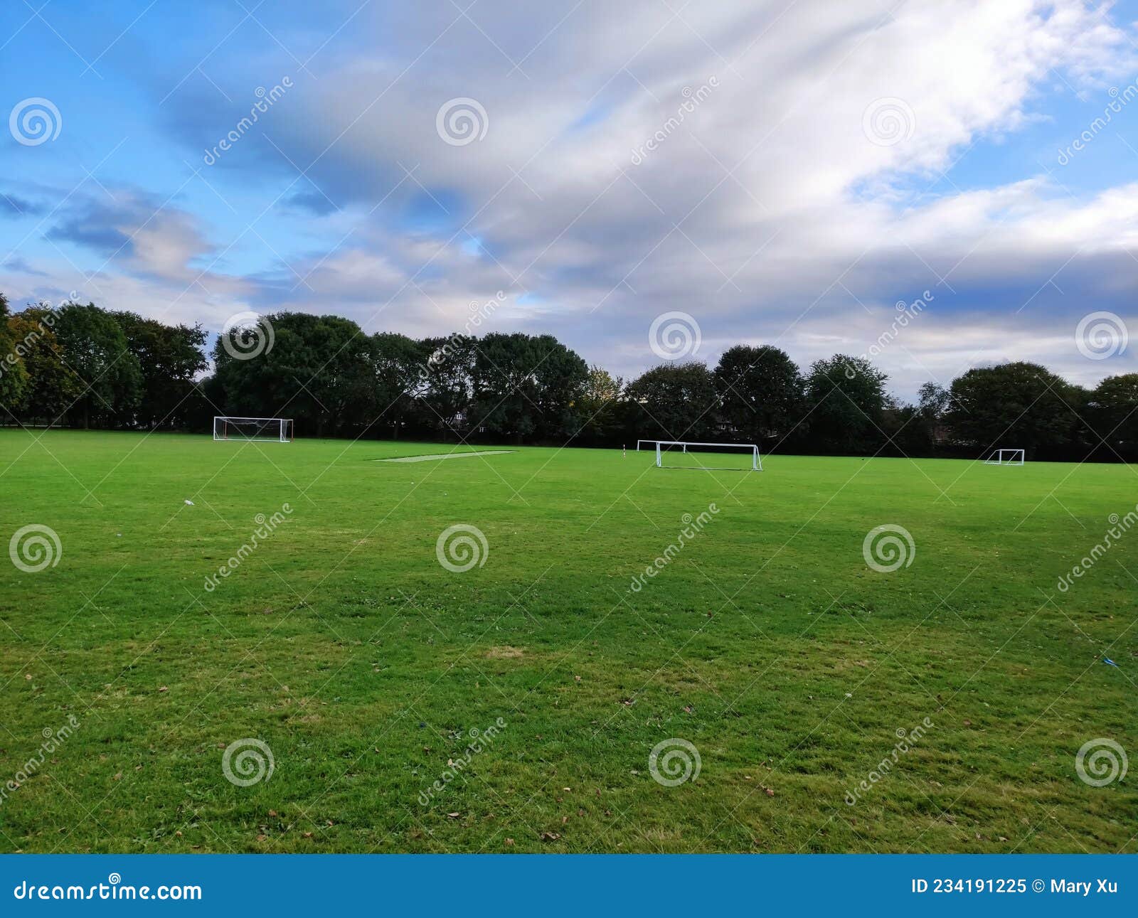 Football Play Fields with Green Grass , Trees , Blue Sky and White ...