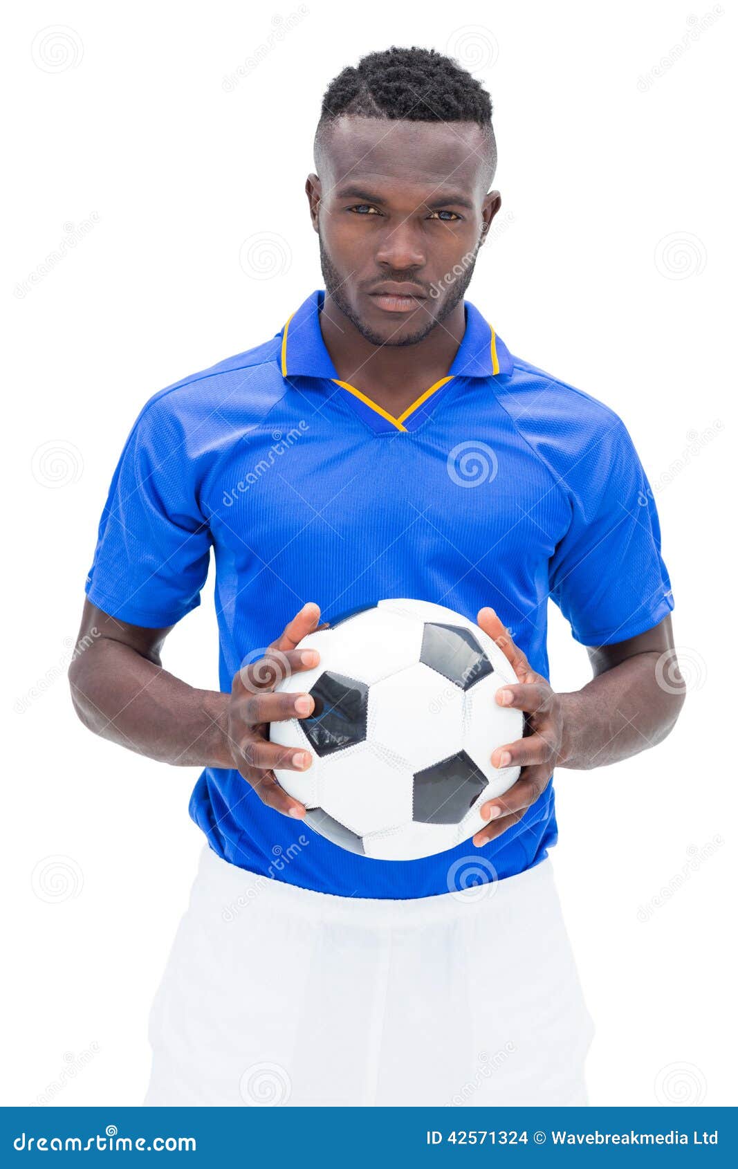 Football Player in Blue Standing with the Ball Stock Photo - Image of ...
