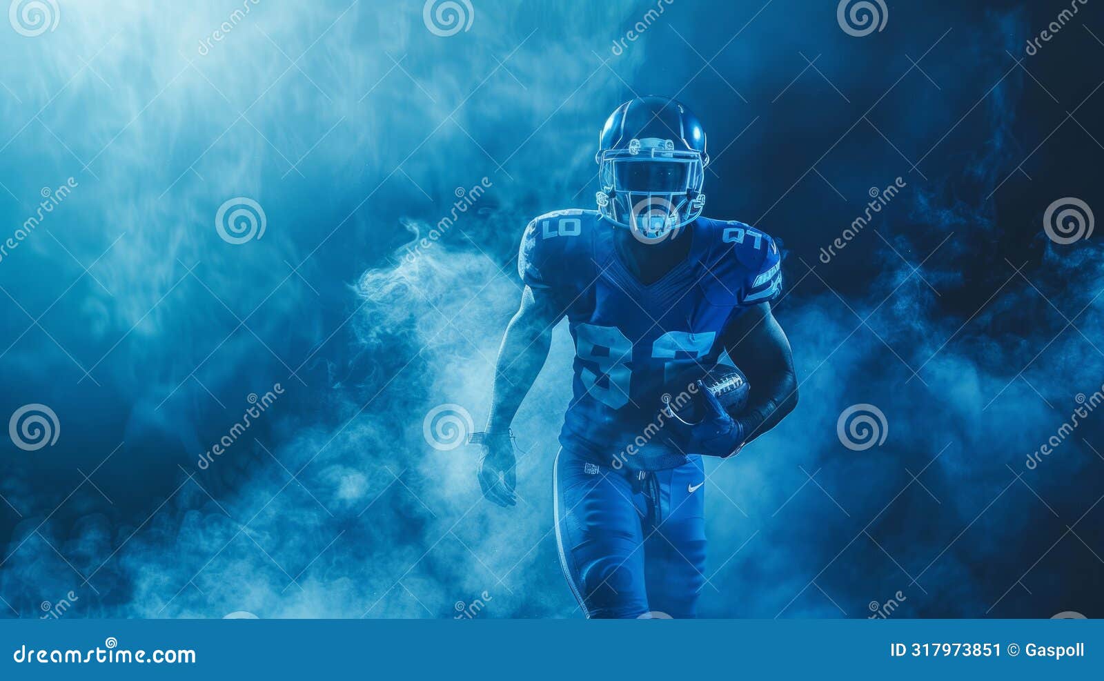 Football Player in Blue Under a Misty Spotlight Stock Illustration ...