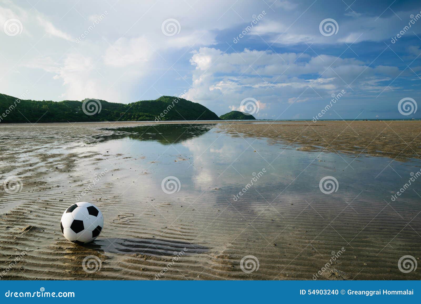 Football on Sand and Beach Landscape Stock Photo - Image of athlete ...