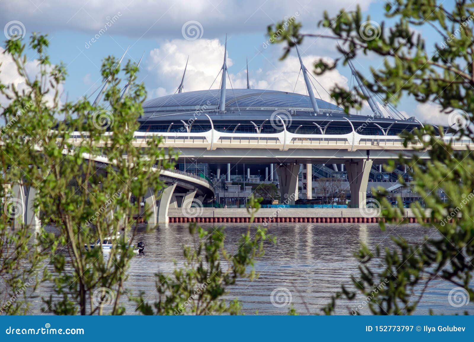 Football Stadium on the Background of Green Trees Stock Image - Image ...