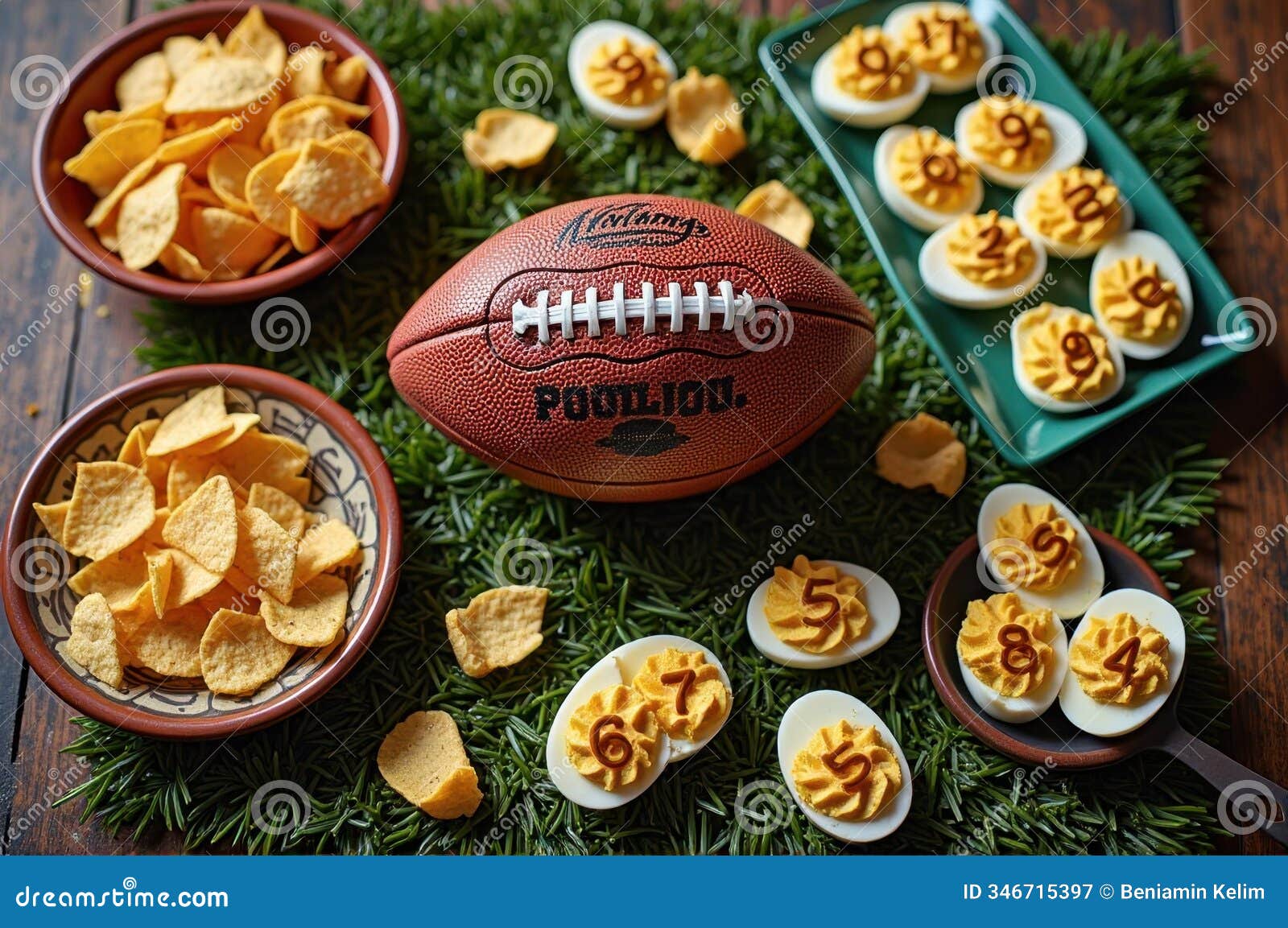 Football-themed Party Snacks with Chips and Numbered Deviled Eggs Stock ...