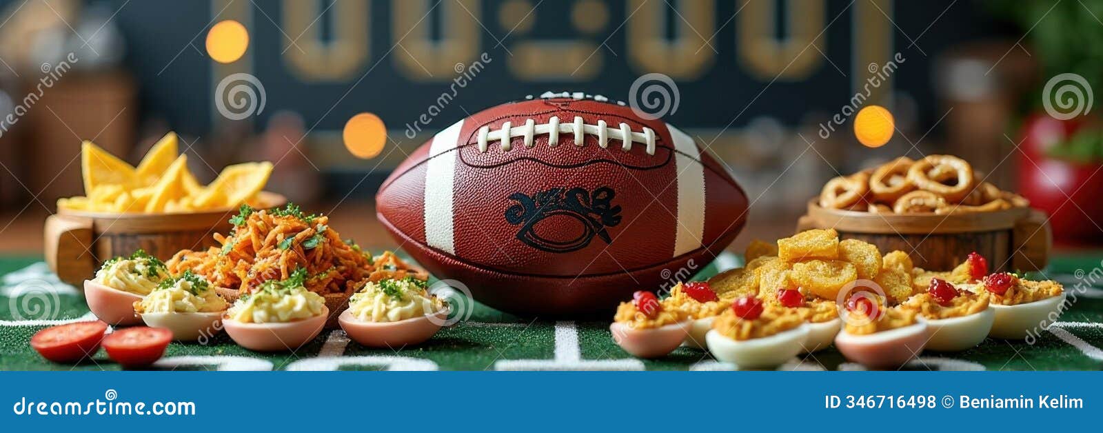 Football-themed Party Spread with Snacks and Football on Table Stock ...