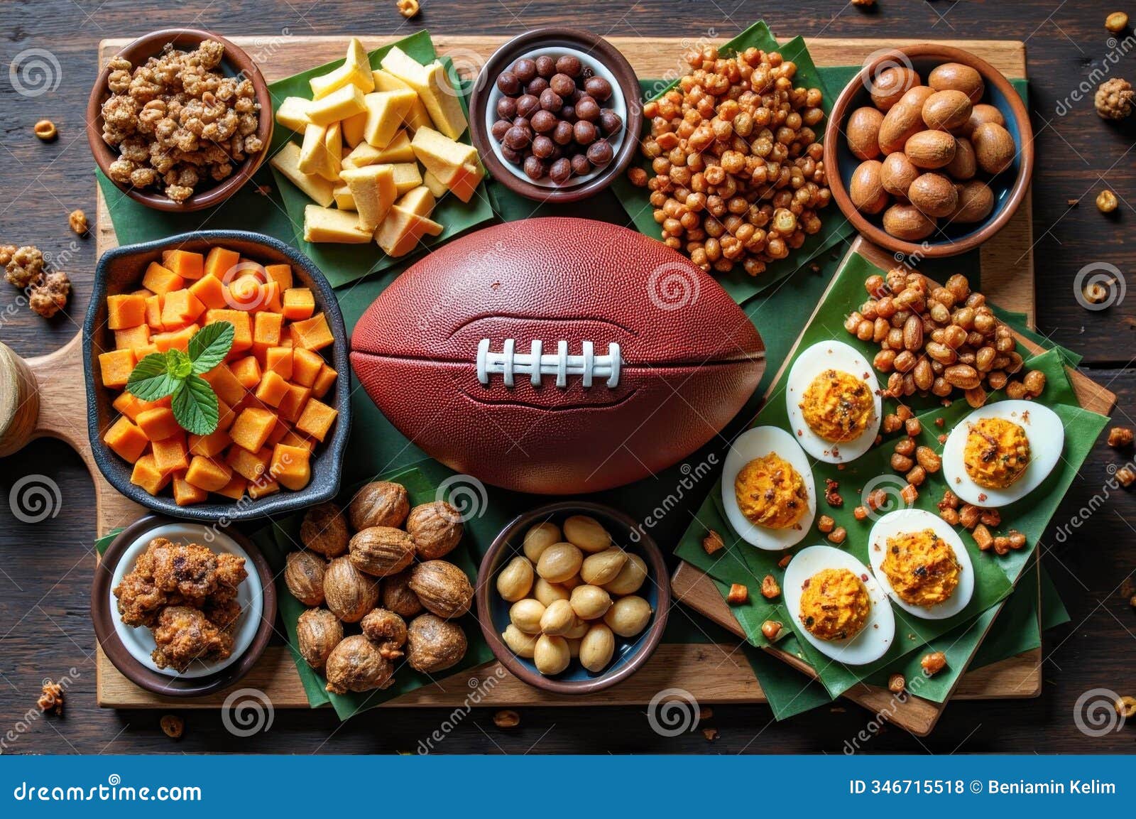 Football-themed Snack Platter with Deviled Eggs and Assorted Nuts Stock ...