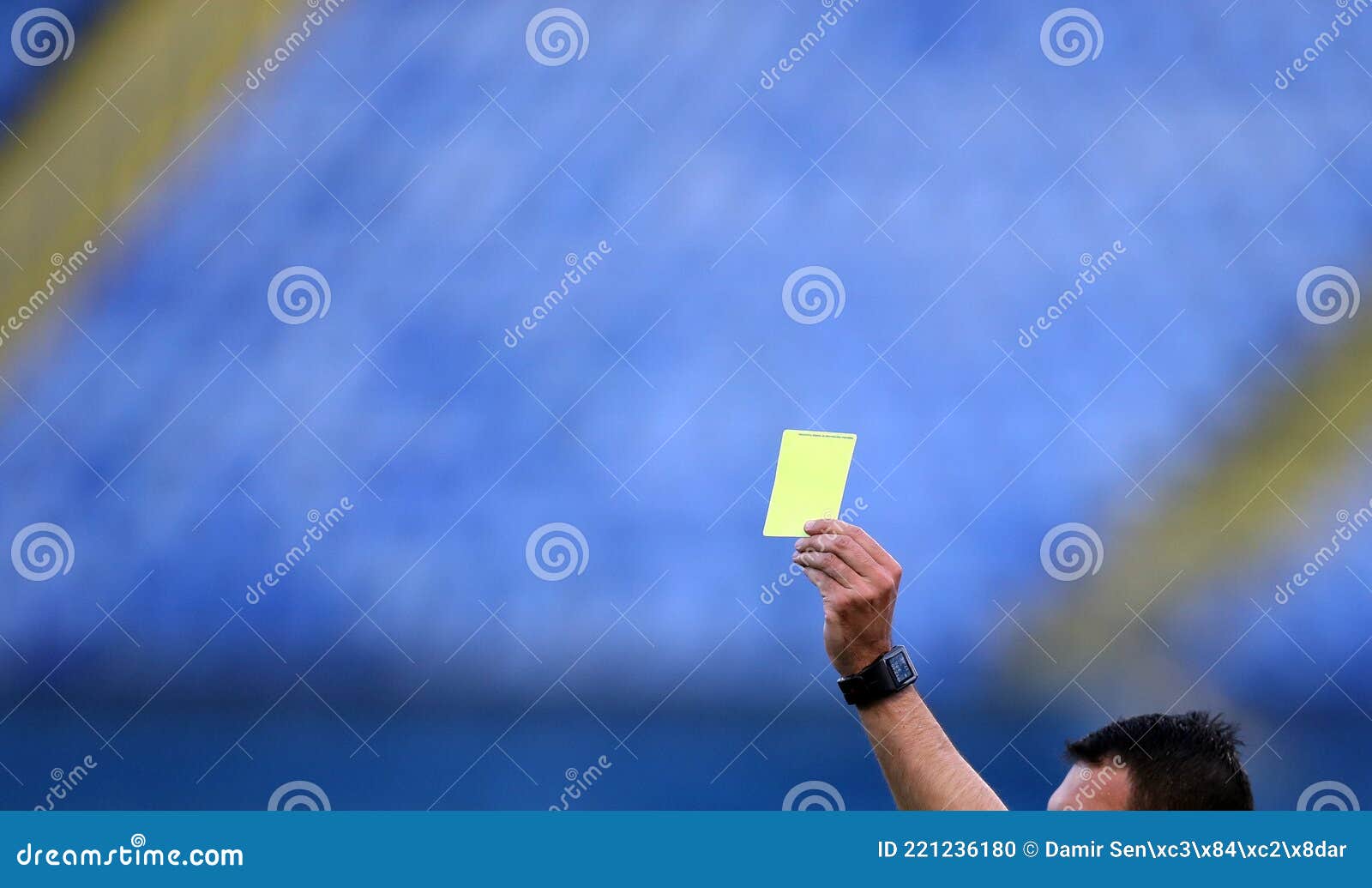 Football yellow card stock photo. Image of referee, hand - 221236180