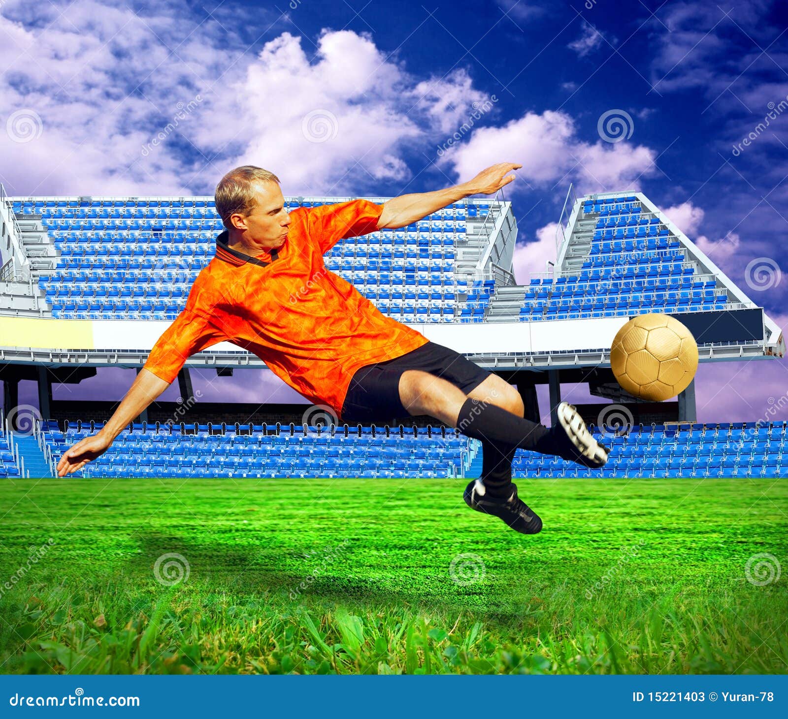 Athletic Footballer In Red-white, Performing Swift Volley Kick During ...