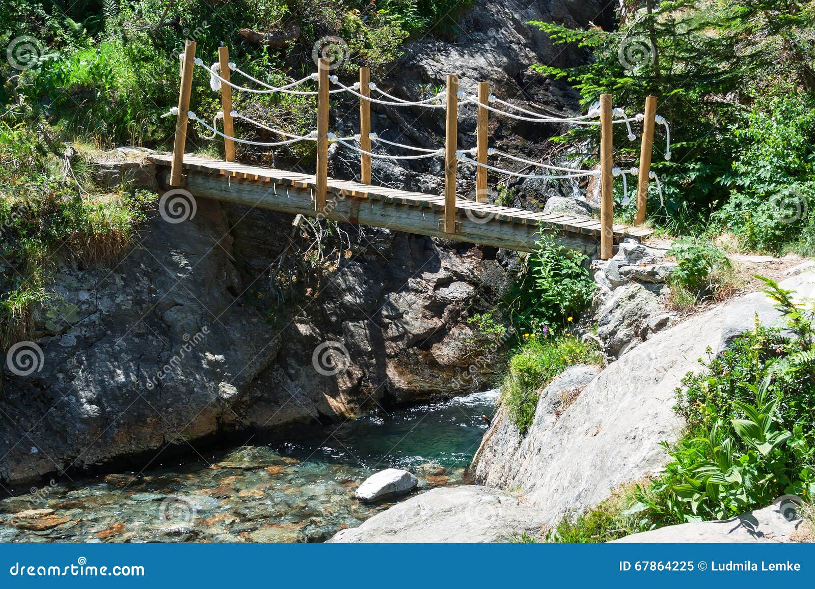 Footbridge with a Handrail in the Mountains. Stock Image - Image of ...
