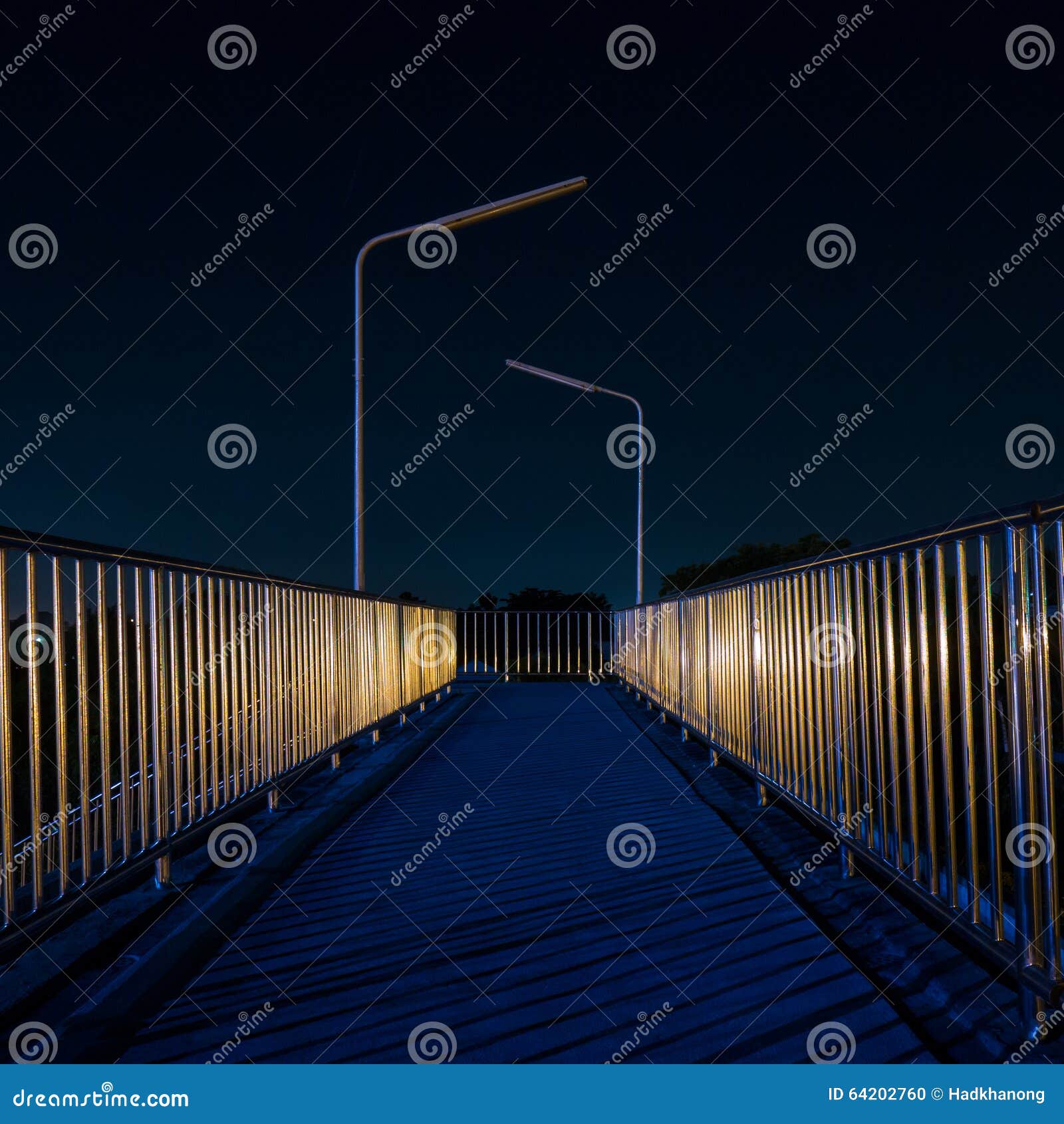 Footbridge with Light Reflection at Night Stock Photo - Image of light ...