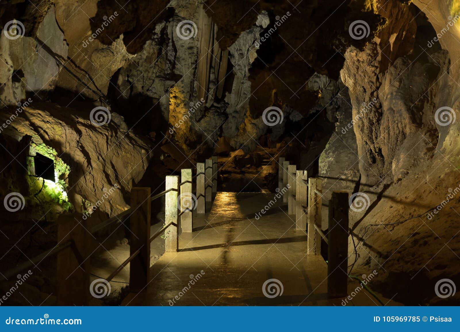 Footbridge in Stone Cave. Bridge in Cavern with Stalactite. Stock Image ...