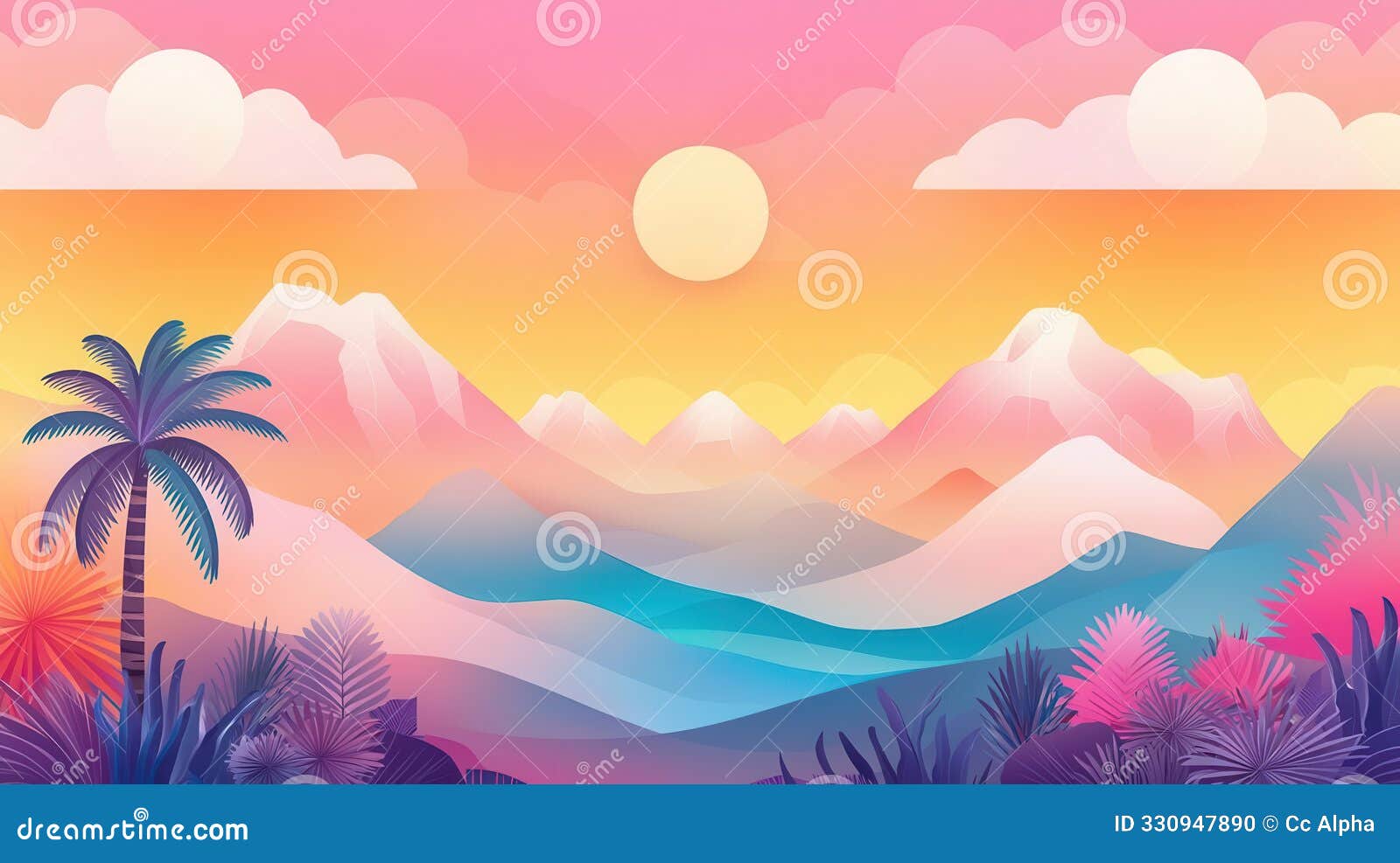 Foothills Landscape Flat Design Side View Tropical Theme Cartoon ...