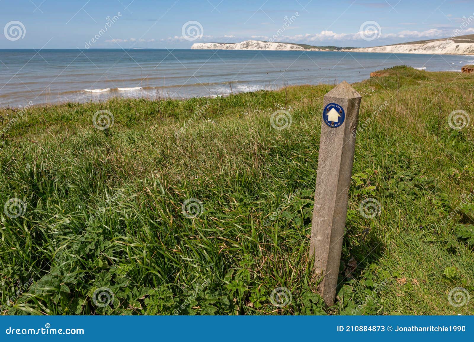 A Footpath Marker on the Cliffs Above Compton Bay, Isle of Wight Stock ...