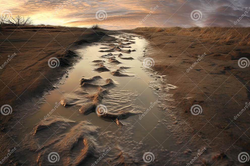 Footprints Leading Away from a Mud Puddle Stock Image - Image of path ...