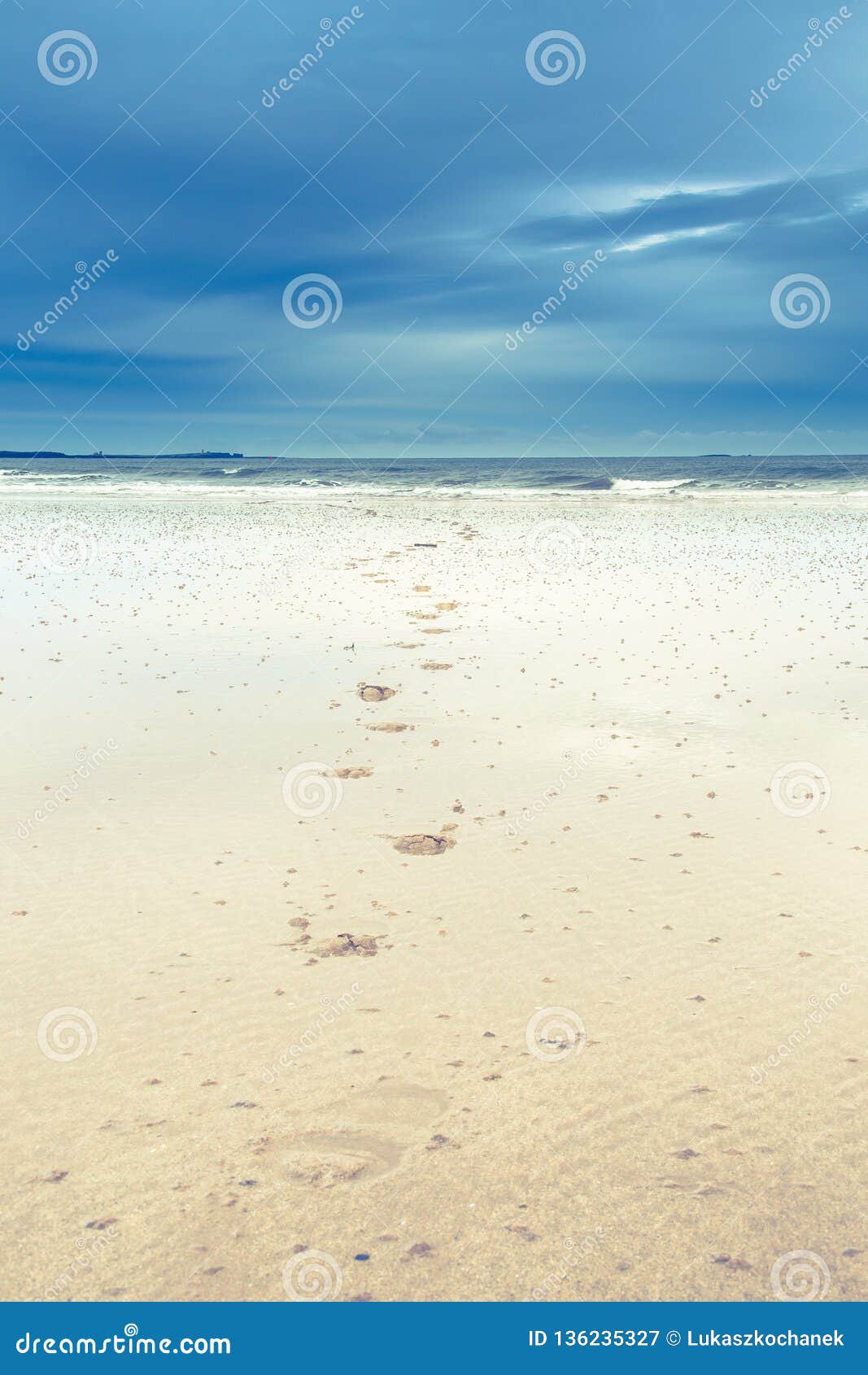 Footsteps on a Beach with Overcast Sky Stock Image - Image of imprint ...