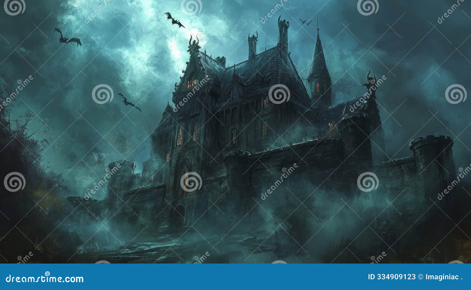 A Forboding Gothic Castle Under a Moonlit Sky Stock Illustration ...