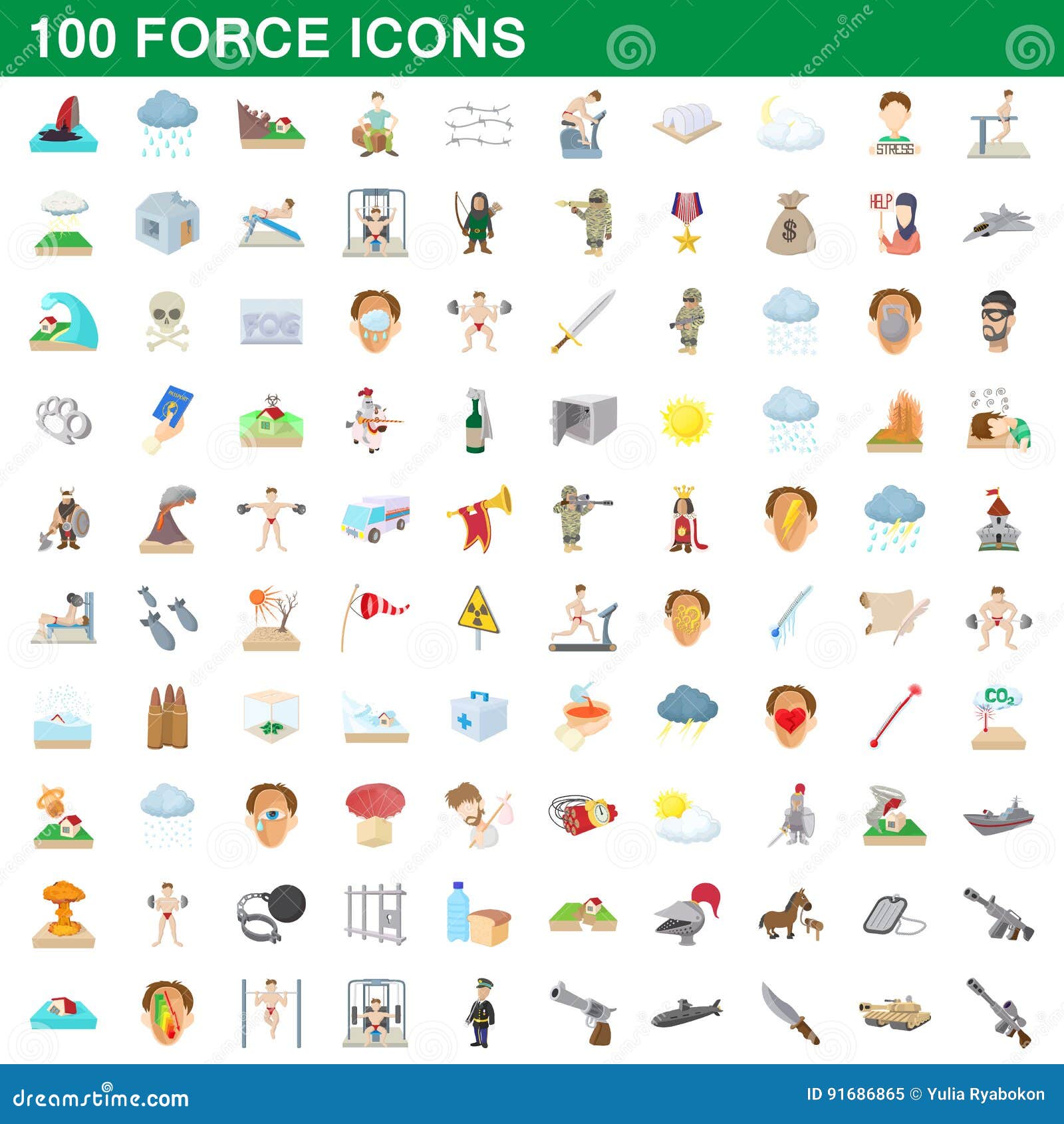 100 Force Icons Set, Cartoon Style Stock Vector - Illustration of ...