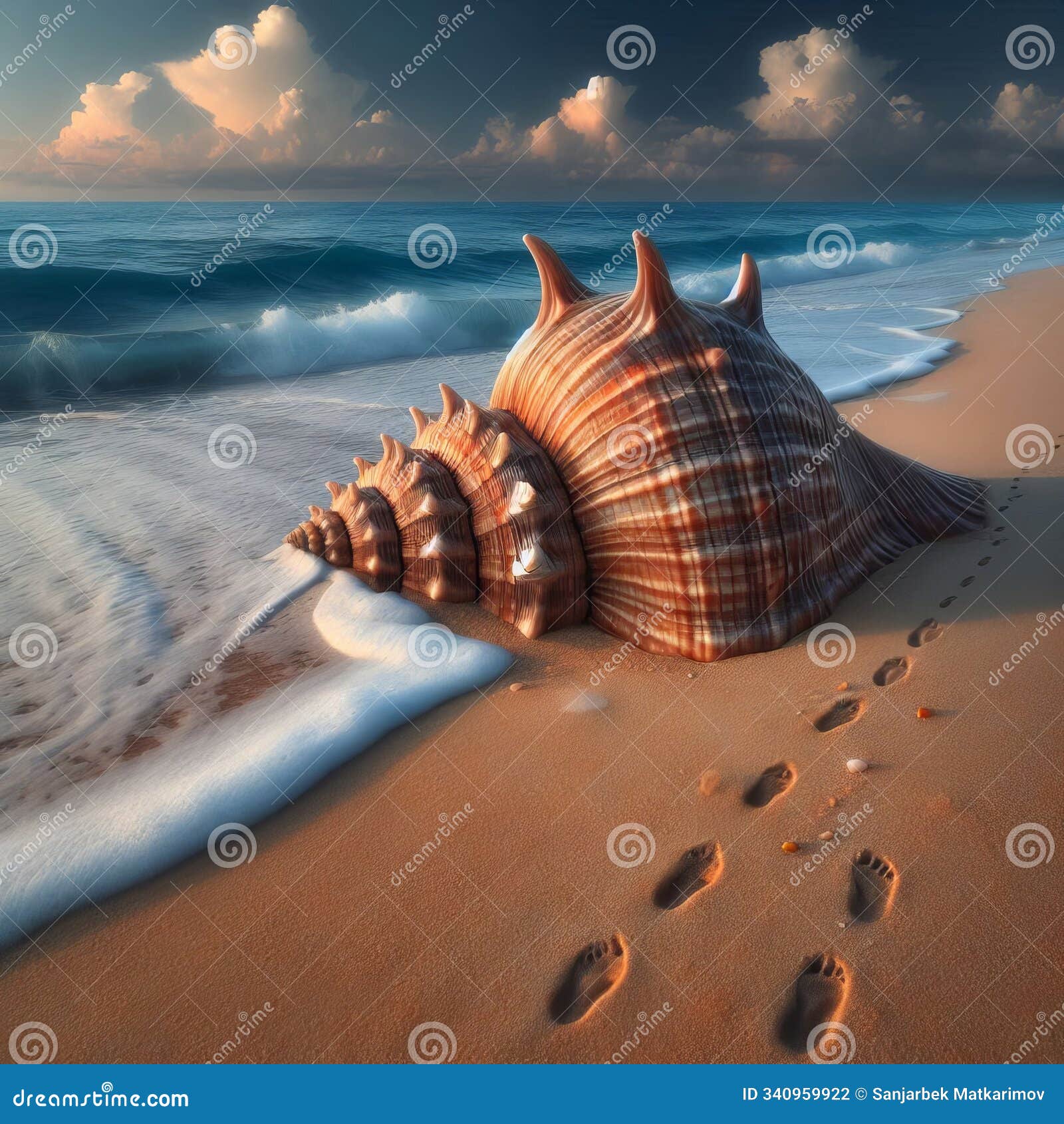 A Giant Seashell Floating In A Surreal Ocean Stock Image ...