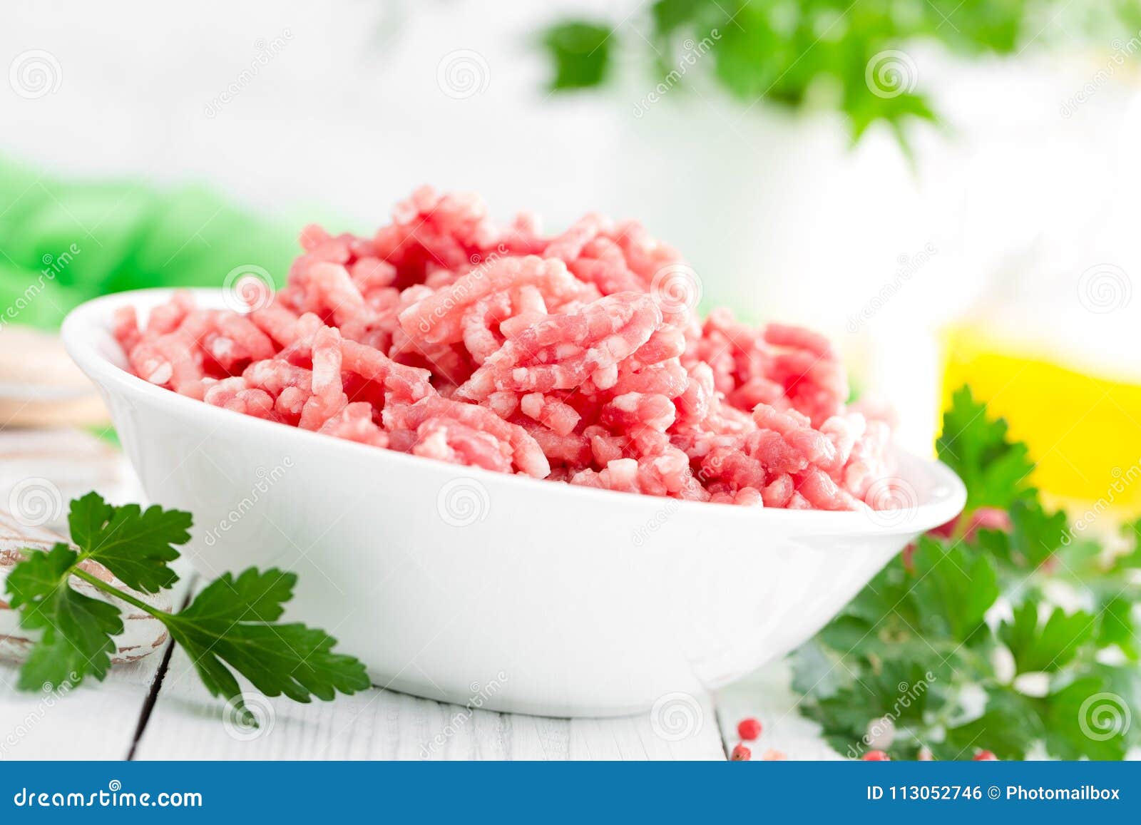 Forcemeat. Raw Ground Pork Meat In Bowl On White Kitchen Table. Fresh ...
