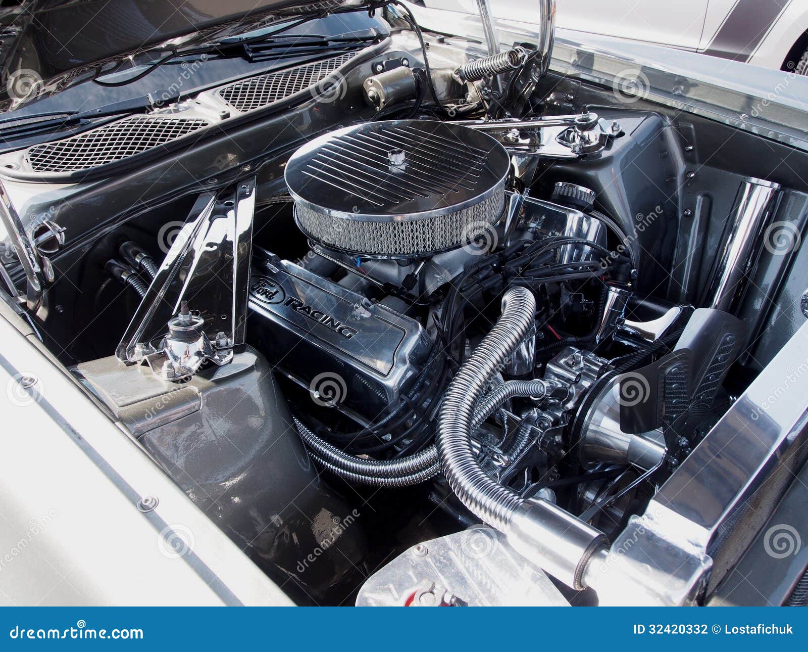 Ford with Open Hood Showing Engine and Other Components Editorial ...