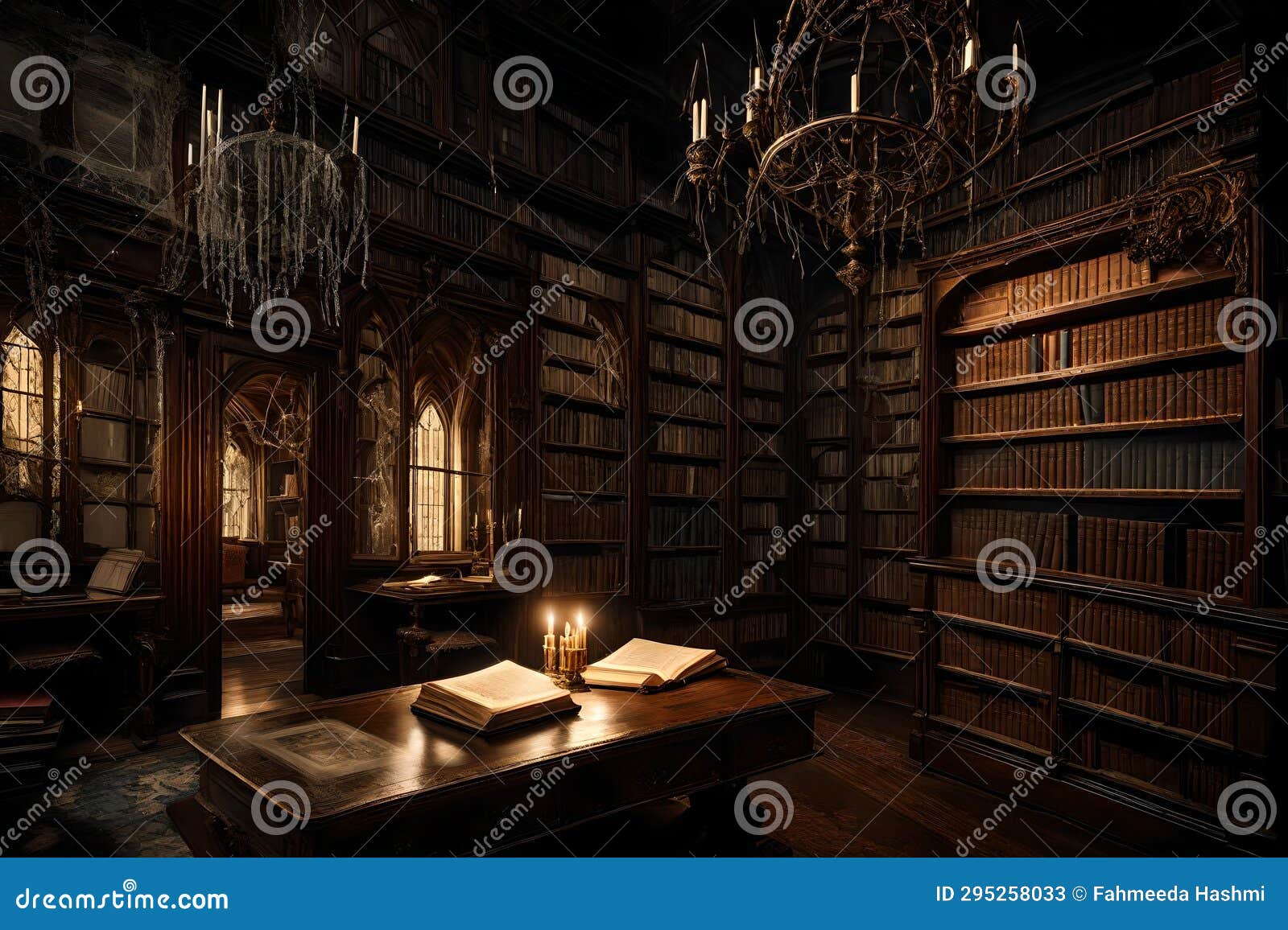 A Foreboding, Cobweb-covered Library with Ancient Tomes, Flickering ...