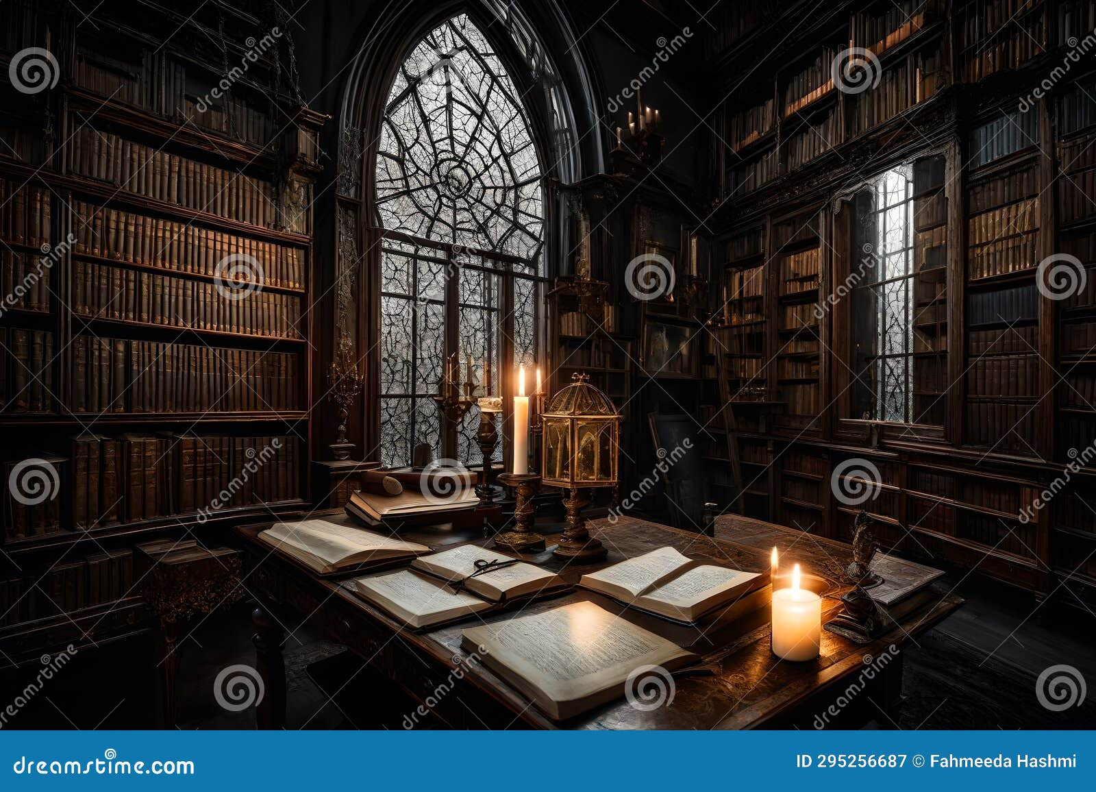 A Foreboding, Cobweb-covered Library with Ancient Tomes, Flickering ...
