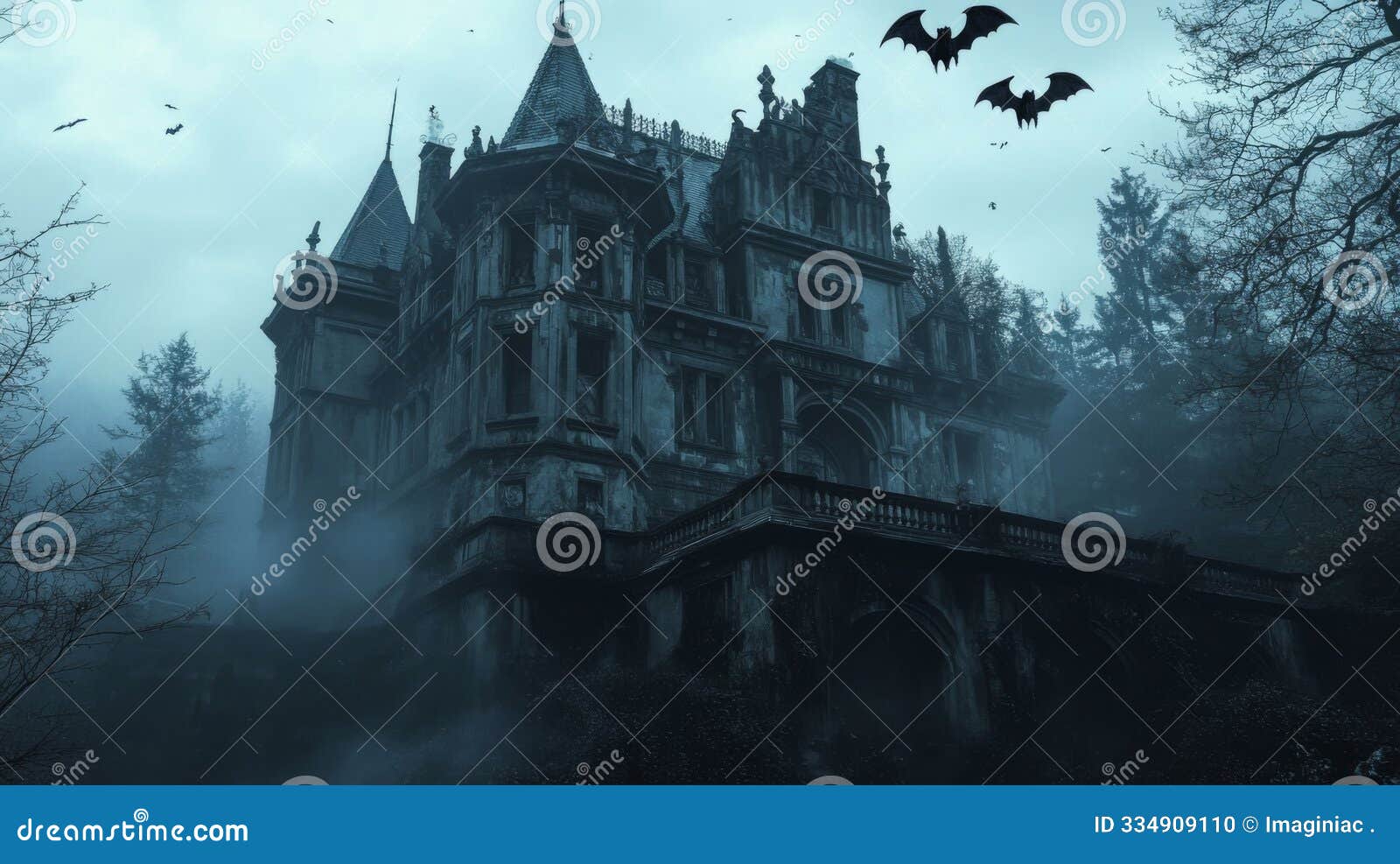 A Foreboding Gothic Mansion in a Misty Forest Stock Illustration ...