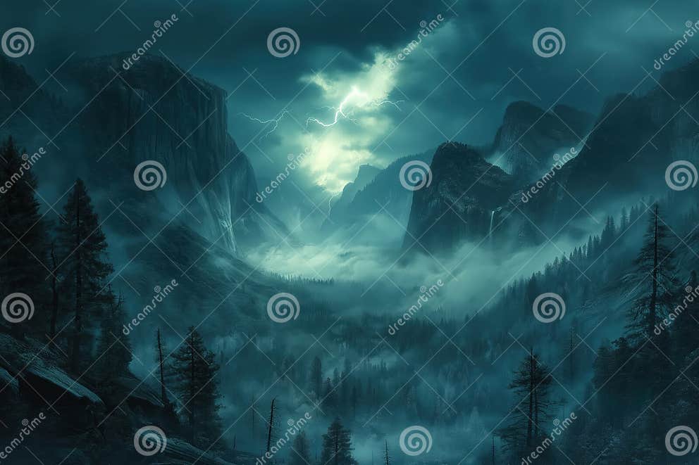 Misty Mountain Landscape Illuminated by Lightning during a Storm at ...