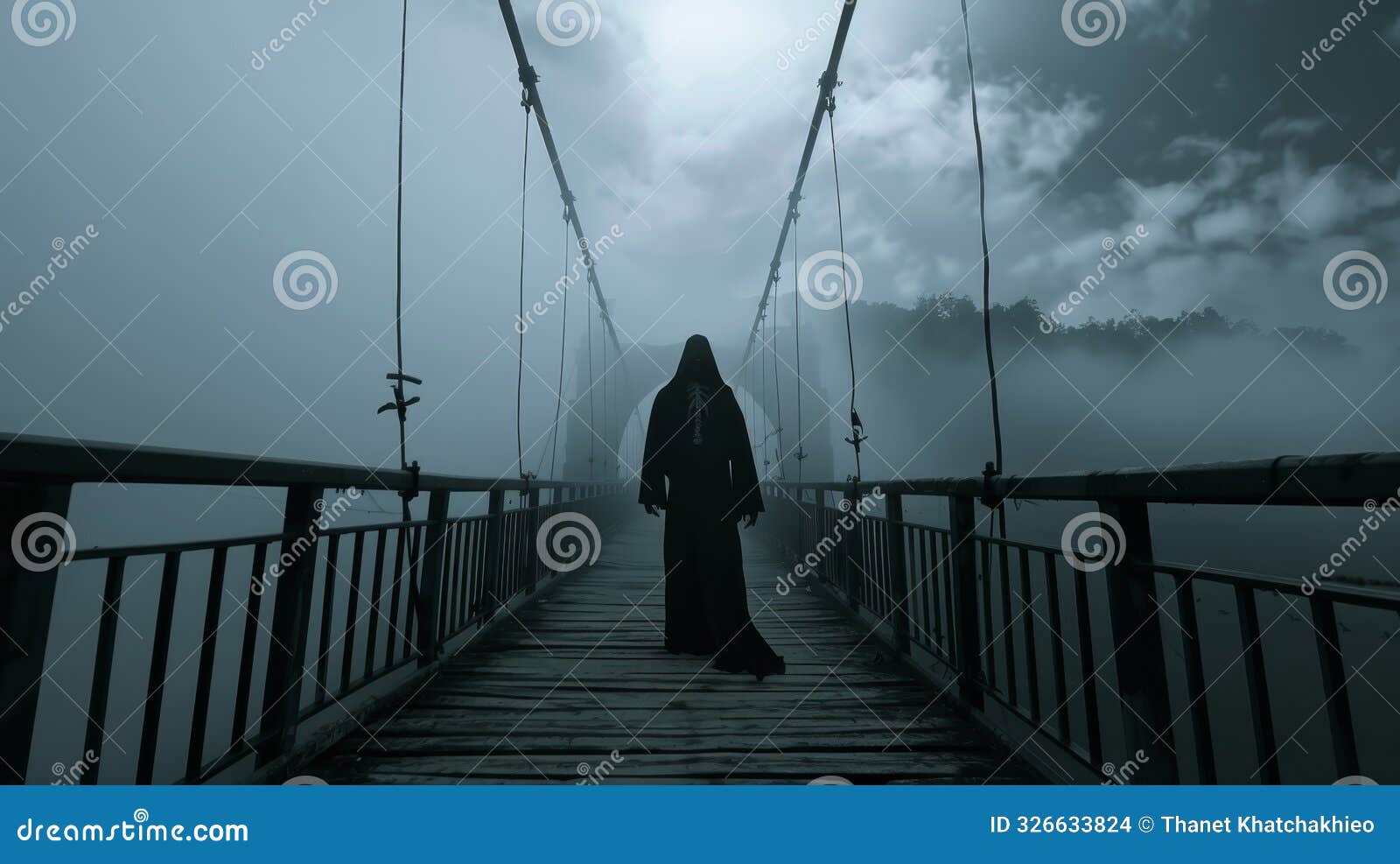 A Foreboding Silhouette Stands on a Misty Bridge Under a Cloudy Sky ...