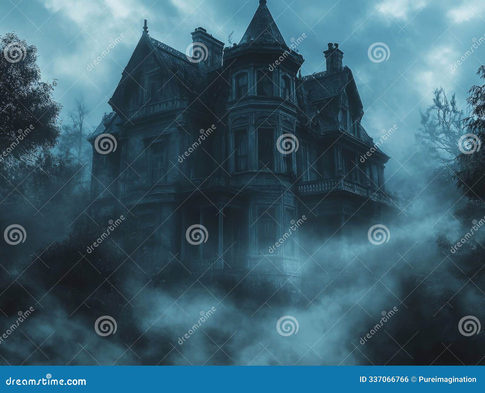 A Foreboding Victorian Mansion Shrouded in Mist Stock Illustration ...