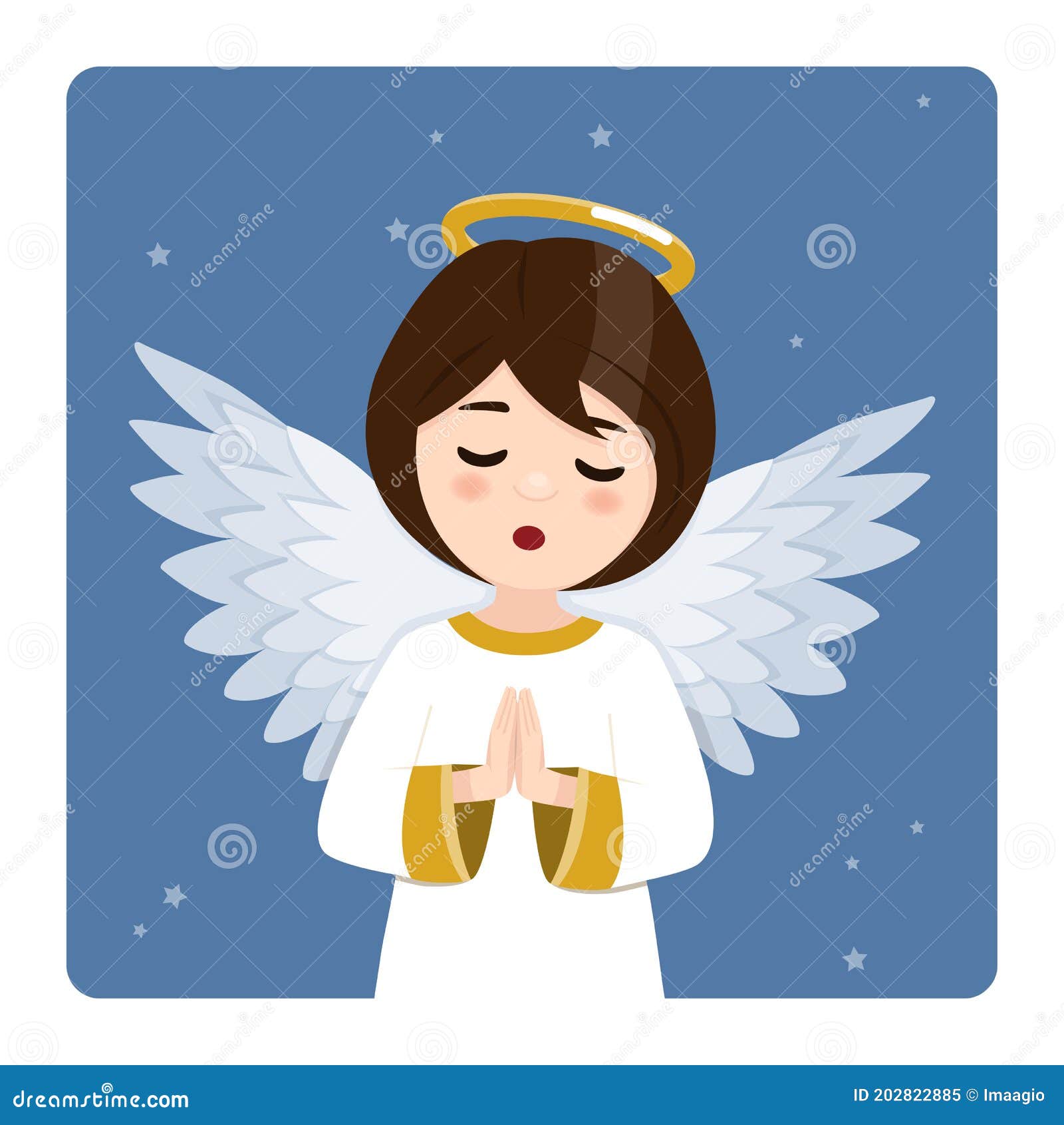 Foreground Praying Angel on Blue Sky and Stars Background. Vector ...