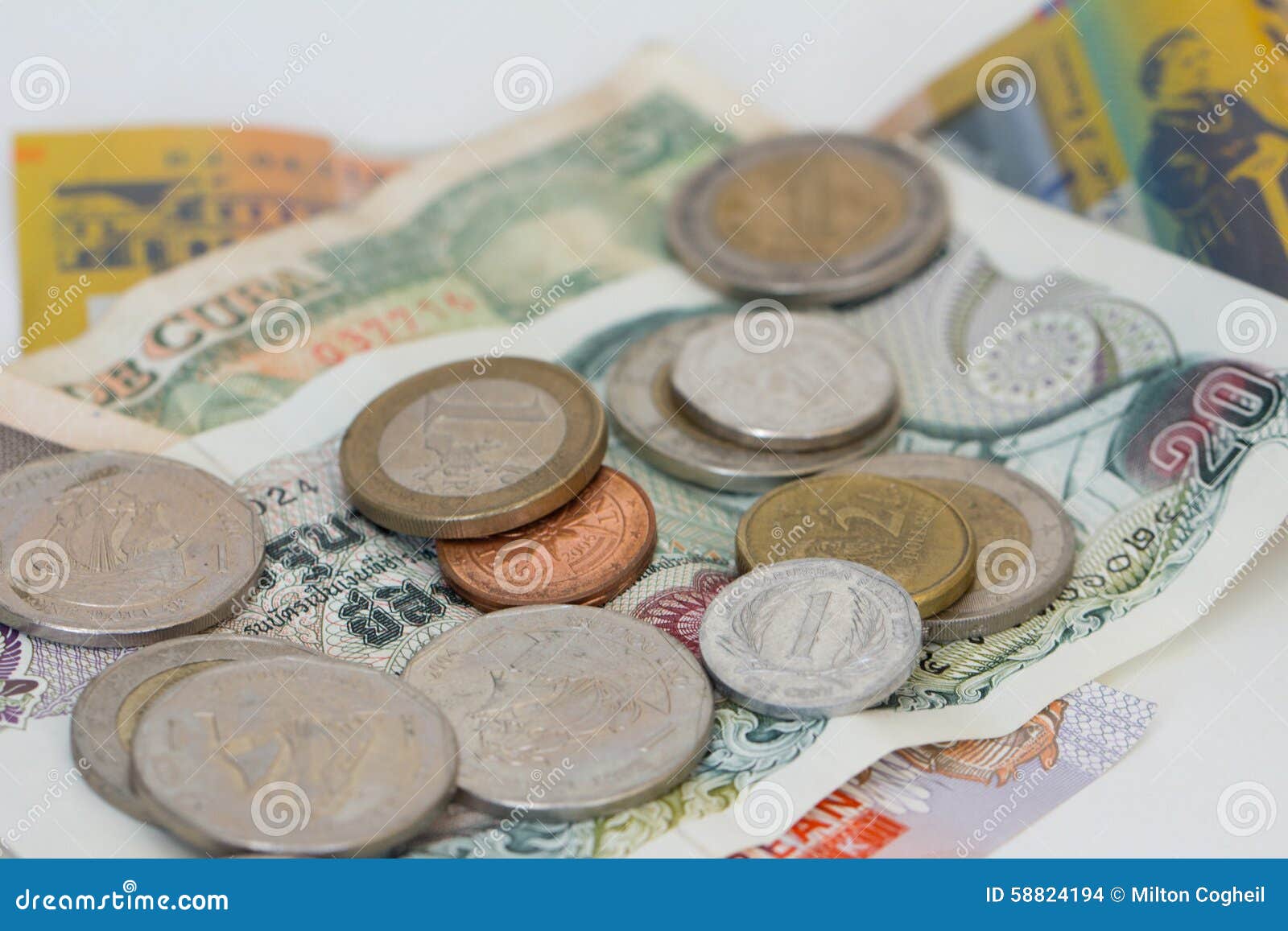 Foreign Coins and Banknotes Stock Photo - Image of bill, currency: 58824194