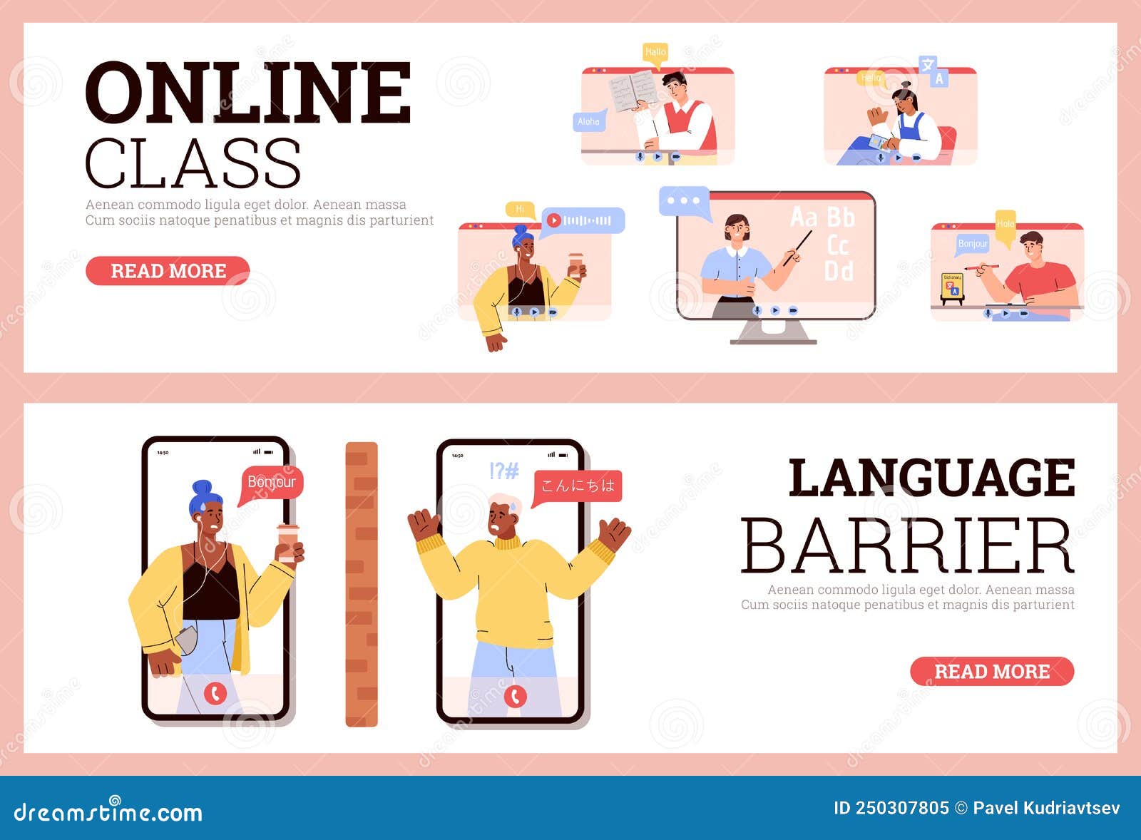 Foreign Language Online Group Class Banners Set, Flat Vector ...
