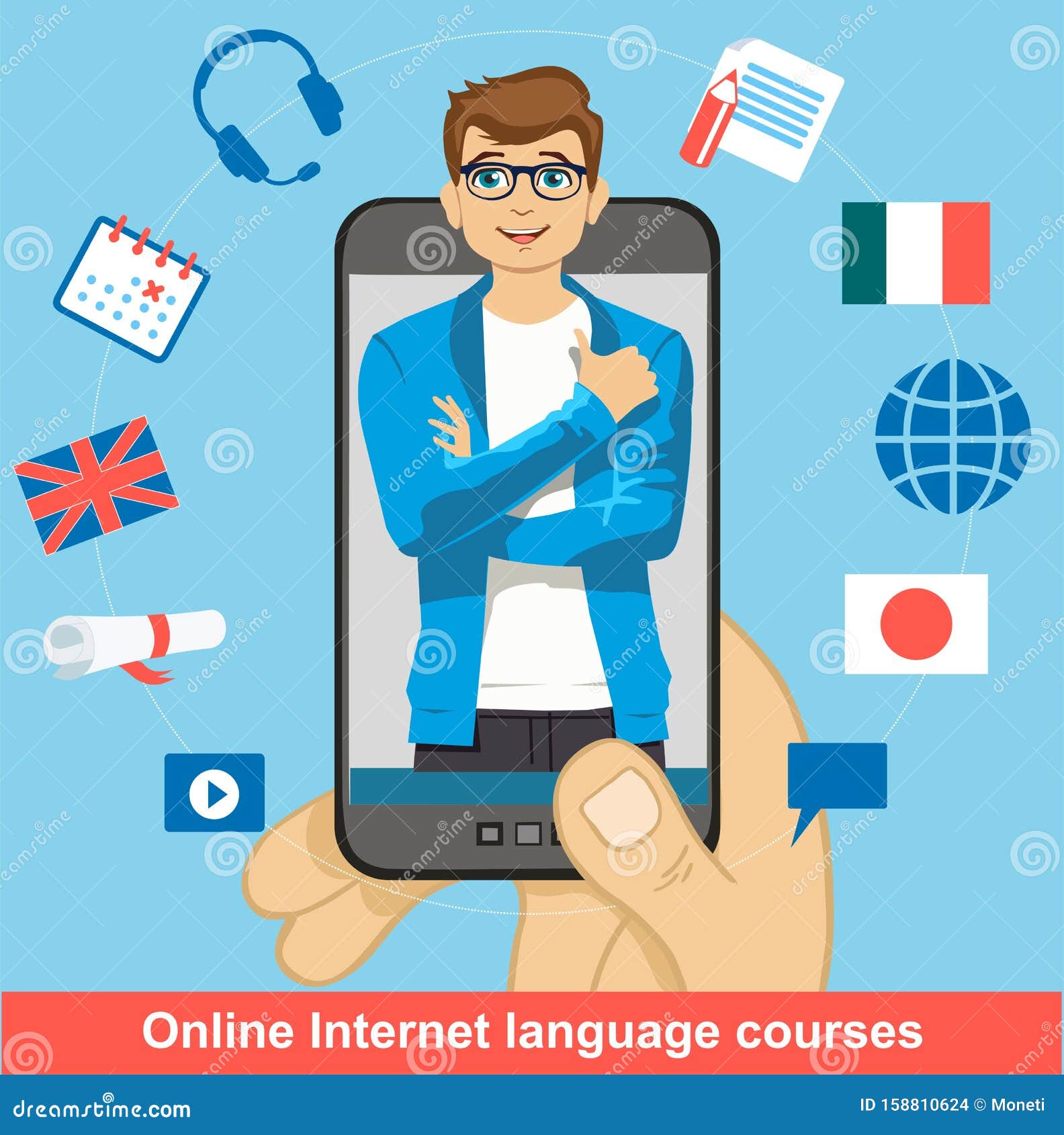 Foreign Language Online Learning. Smartphone in the Man S Palm with a ...