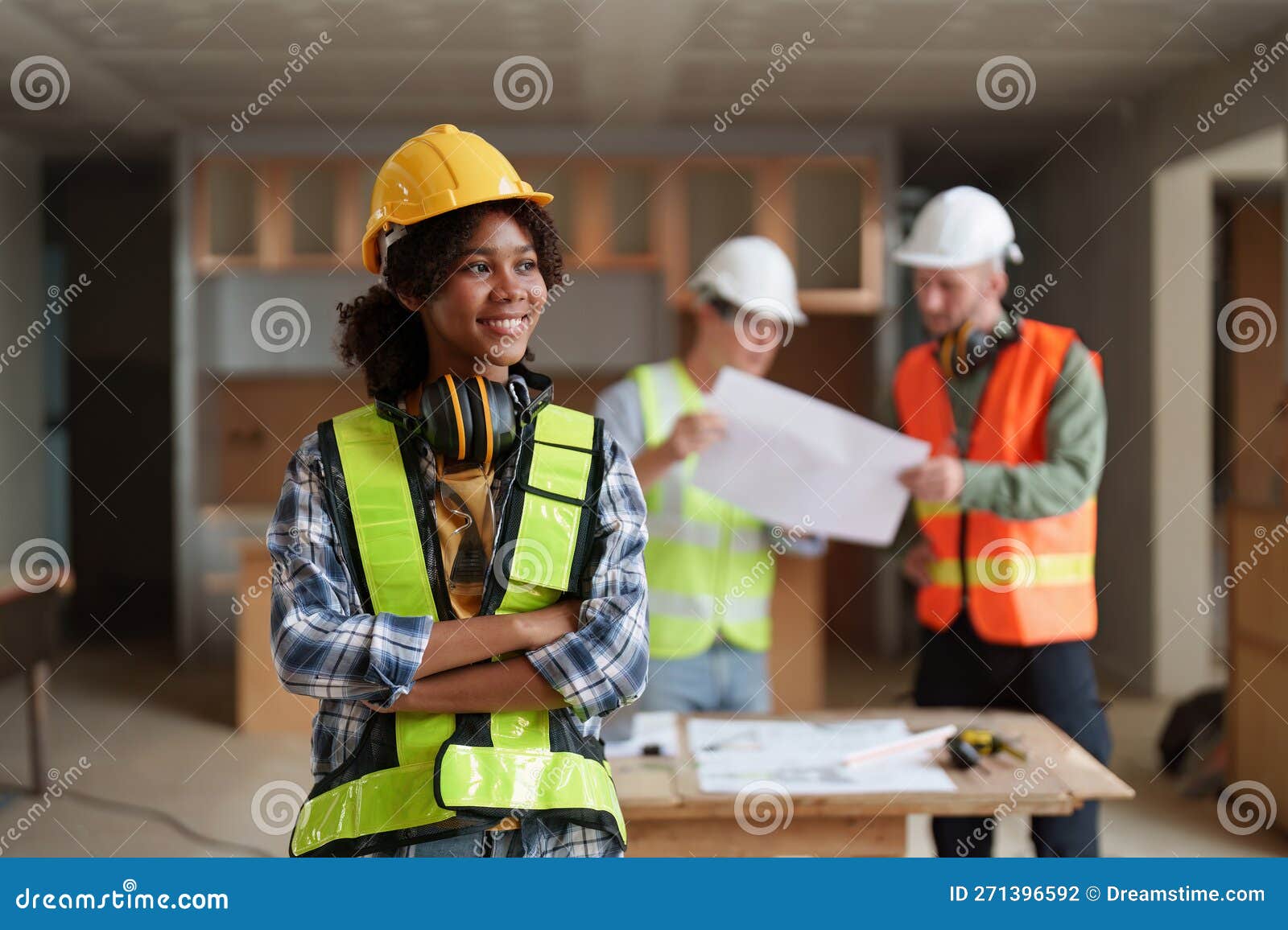 Foreman Builder Woman at Construction Site. American African Foreman ...
