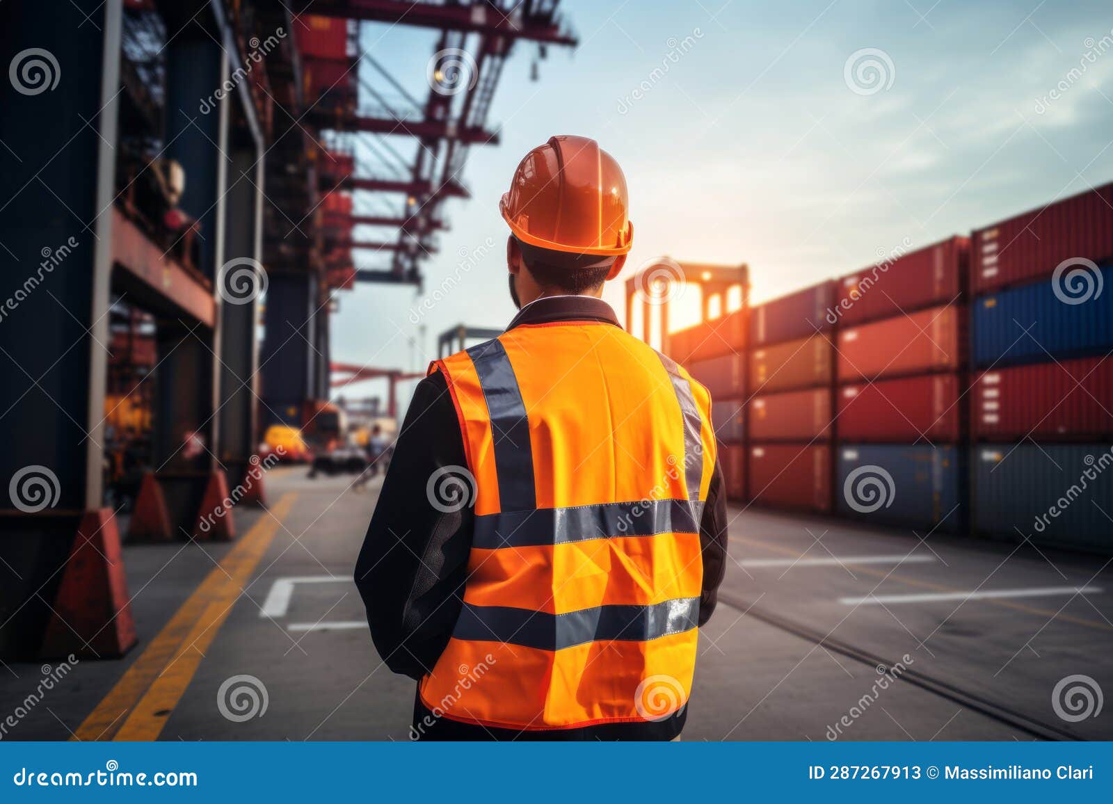 Foreman Control Containers Box from Cargo Freight Ship. Container Yard ...