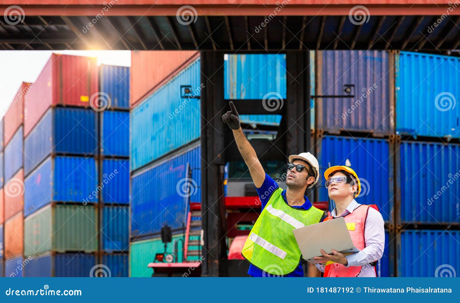 Foreman Control Industrial Container Cargo Freight Ship. Foreman Using ...