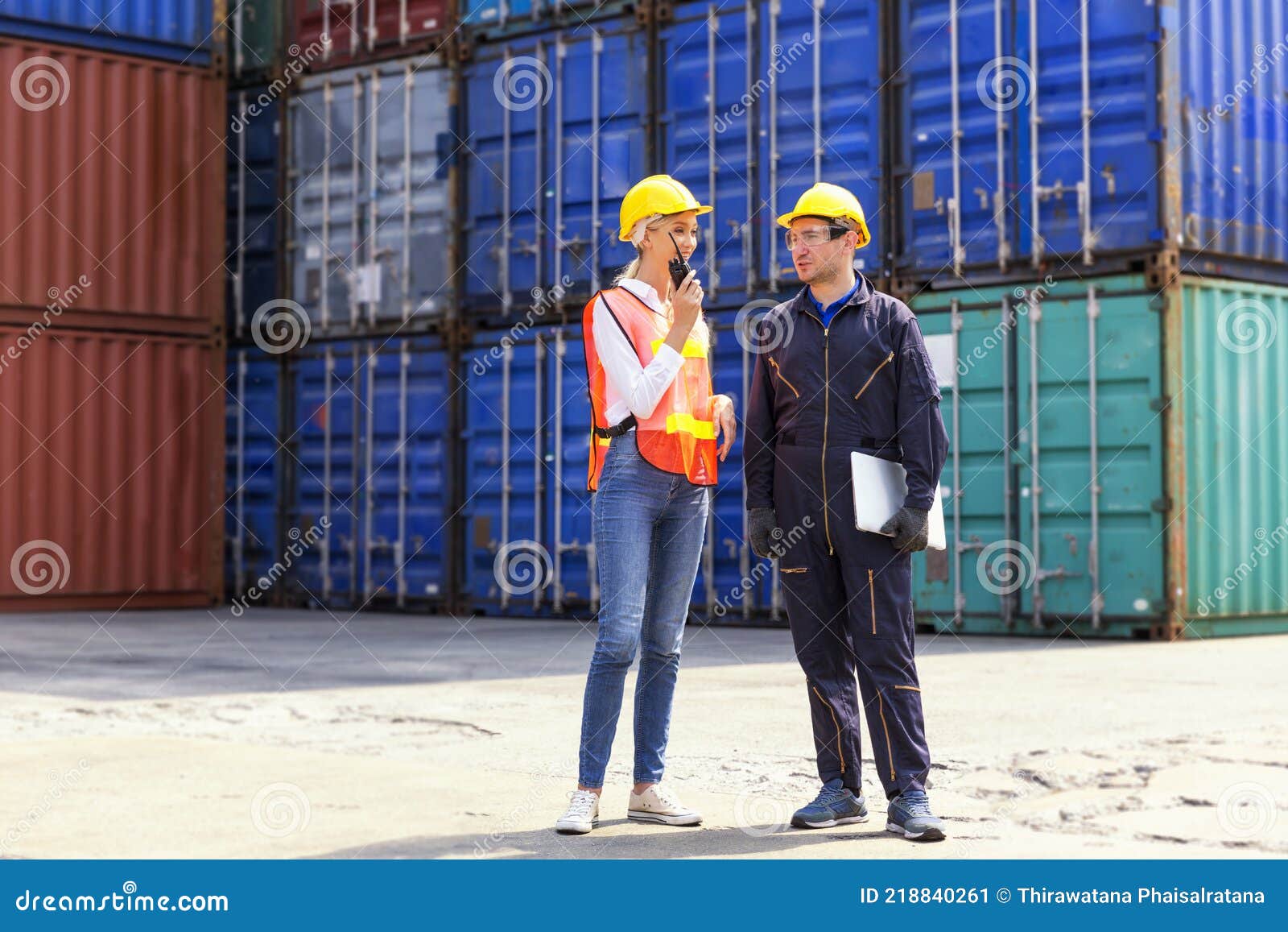 Foreman Control Industrial Container Cargo Freight Ship. Foreman Using ...