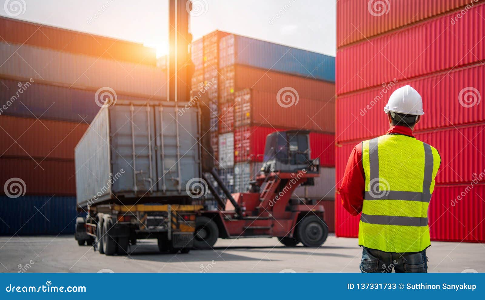 Foreman Control Loading Containers Box from Cargo Freight Ship for ...
