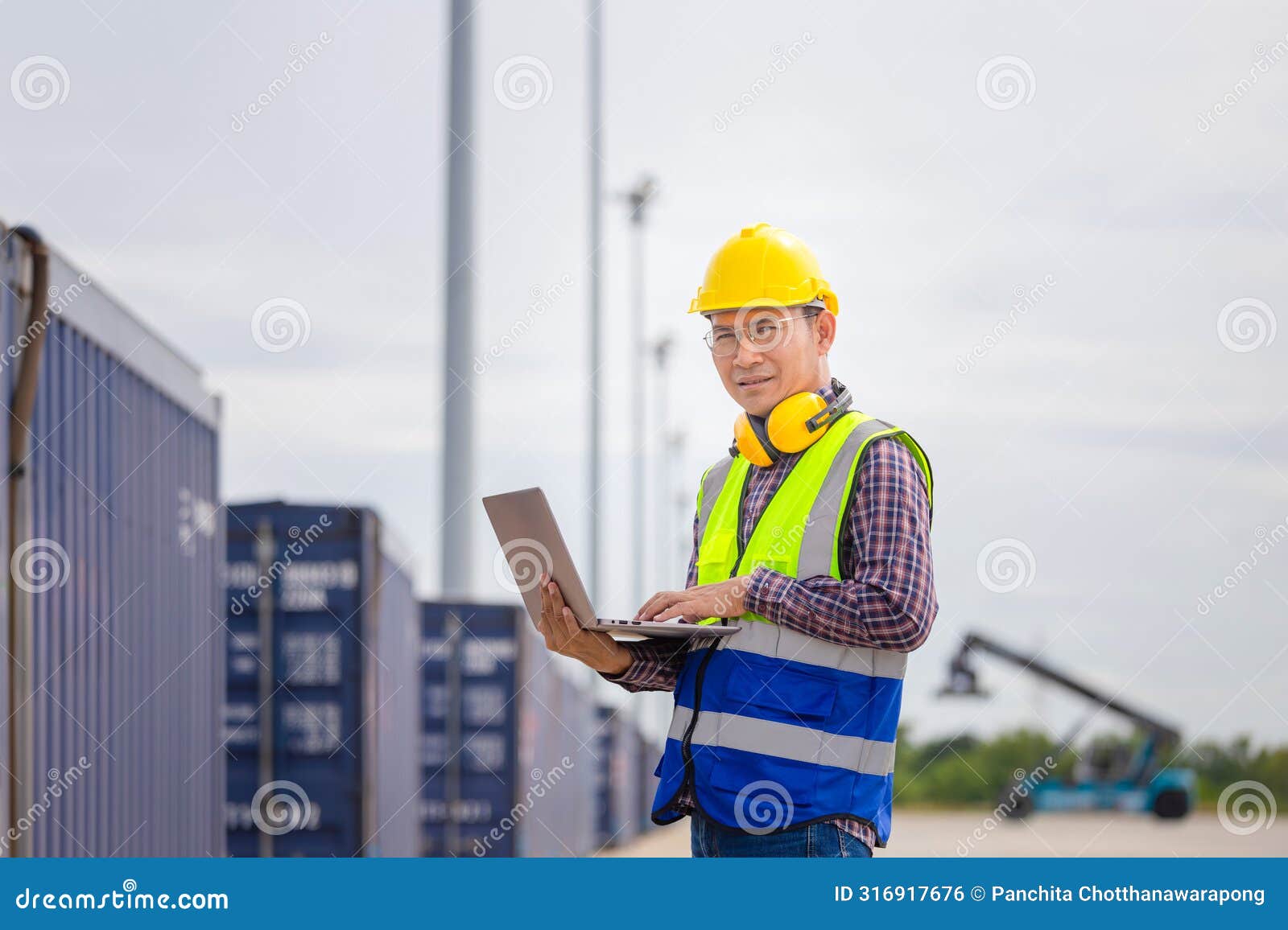 Foreman Dock Worker with Laptop in Industry Containers Cargo, Engineer ...