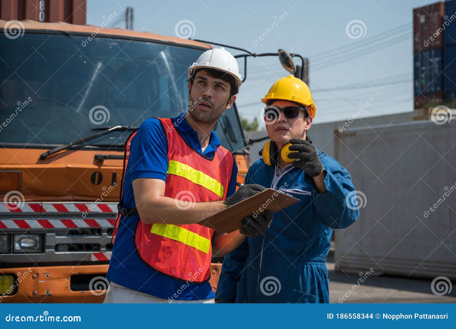 Foreman and Dock Worker Staff Working Checking at Container Cargo ...
