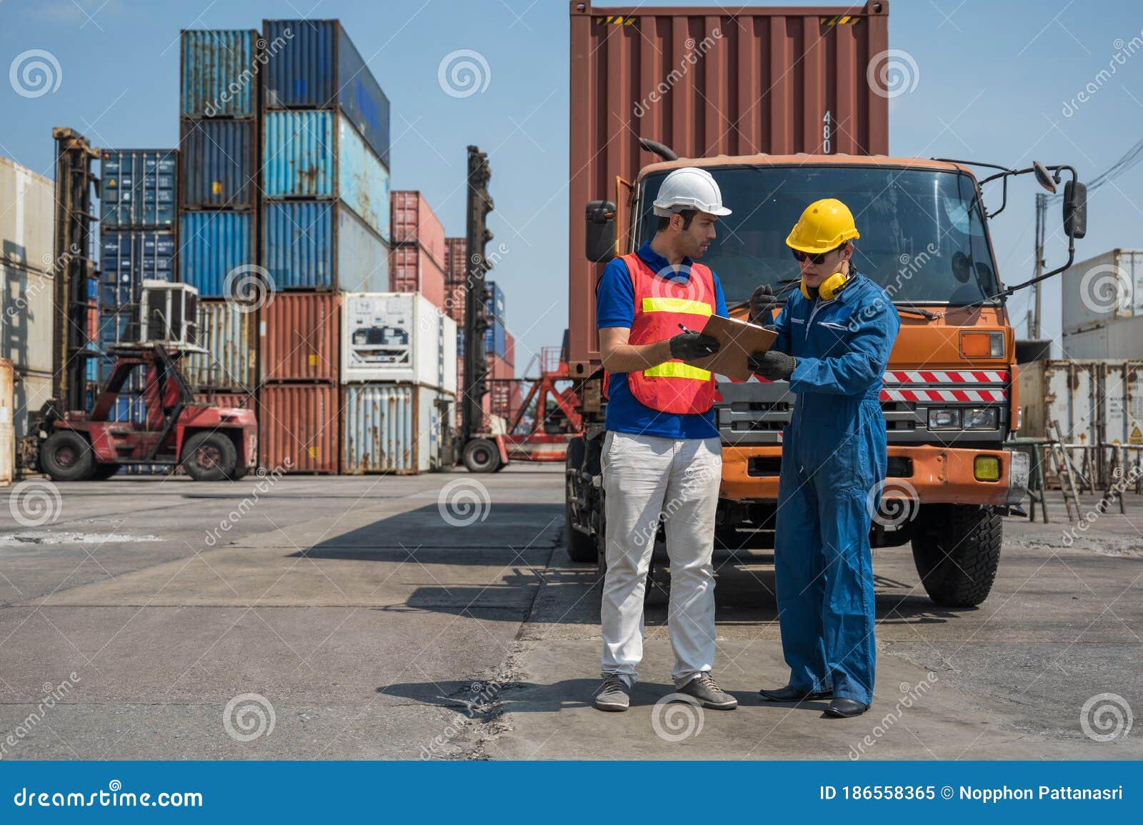 Foreman and Dock Worker Staff Working Checking at Container Cargo ...