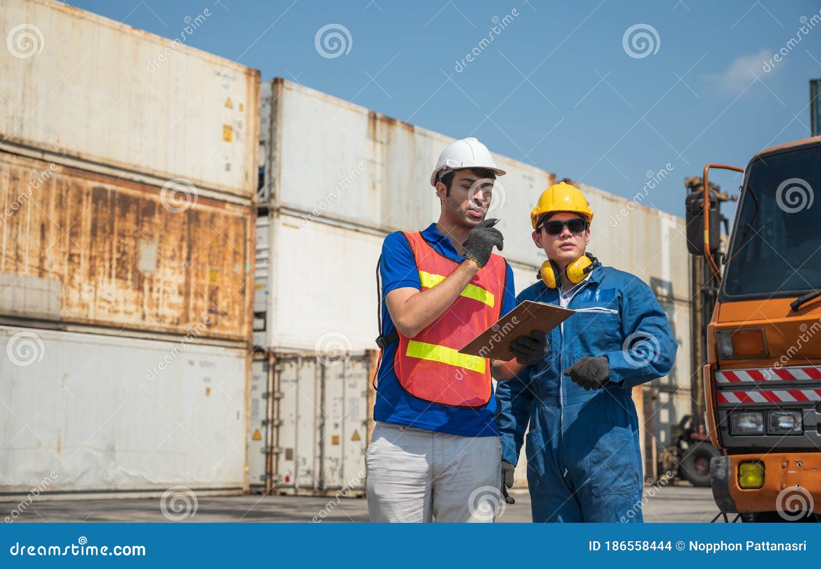 Foreman and Dock Worker Staff Working Checking at Container Cargo ...