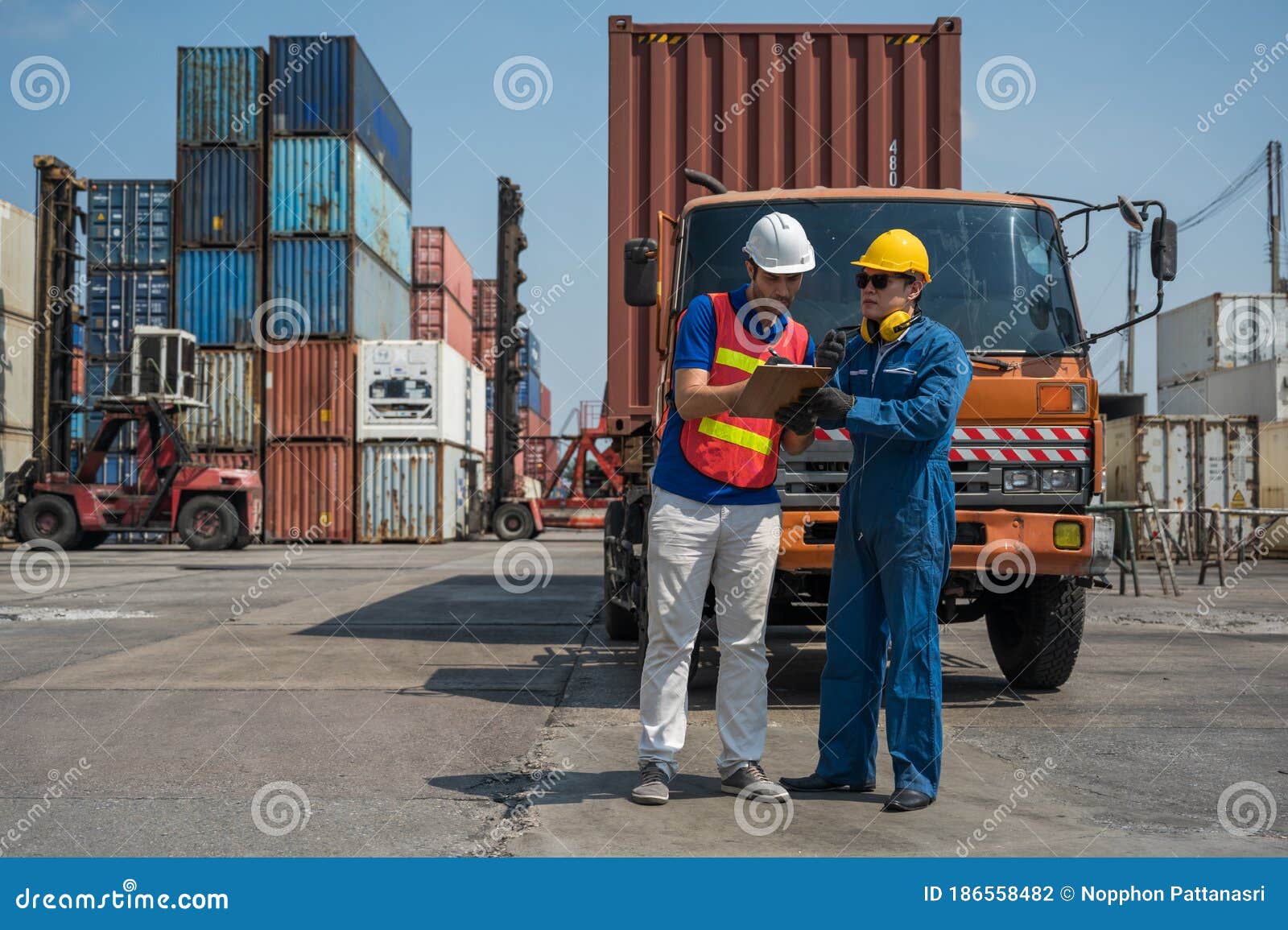 Foreman and Dock Worker Staff Working Checking at Container Cargo ...