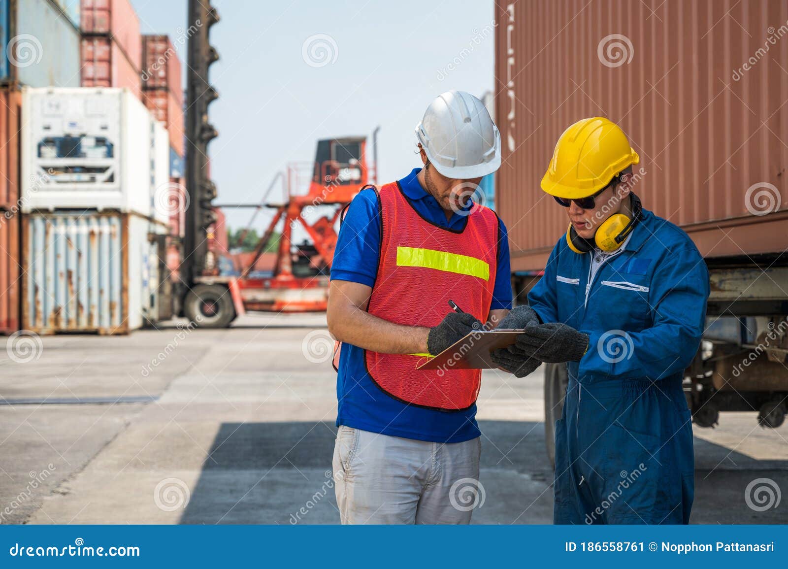 Foreman and Dock Worker Staff Working Checking at Container Cargo ...