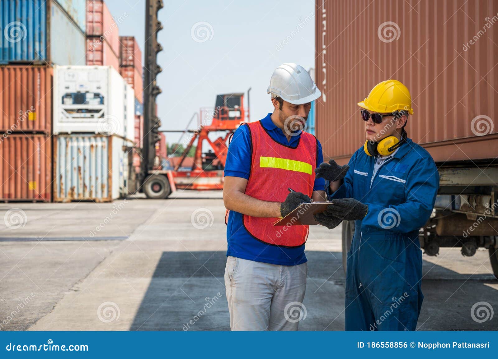 Foreman and Dock Worker Staff Working Checking at Container Cargo ...