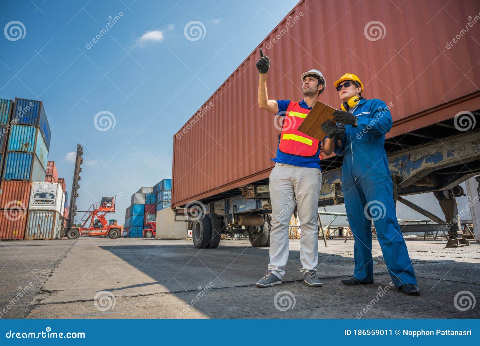 Foreman and Dock Worker Staff Working Checking at Container Cargo ...
