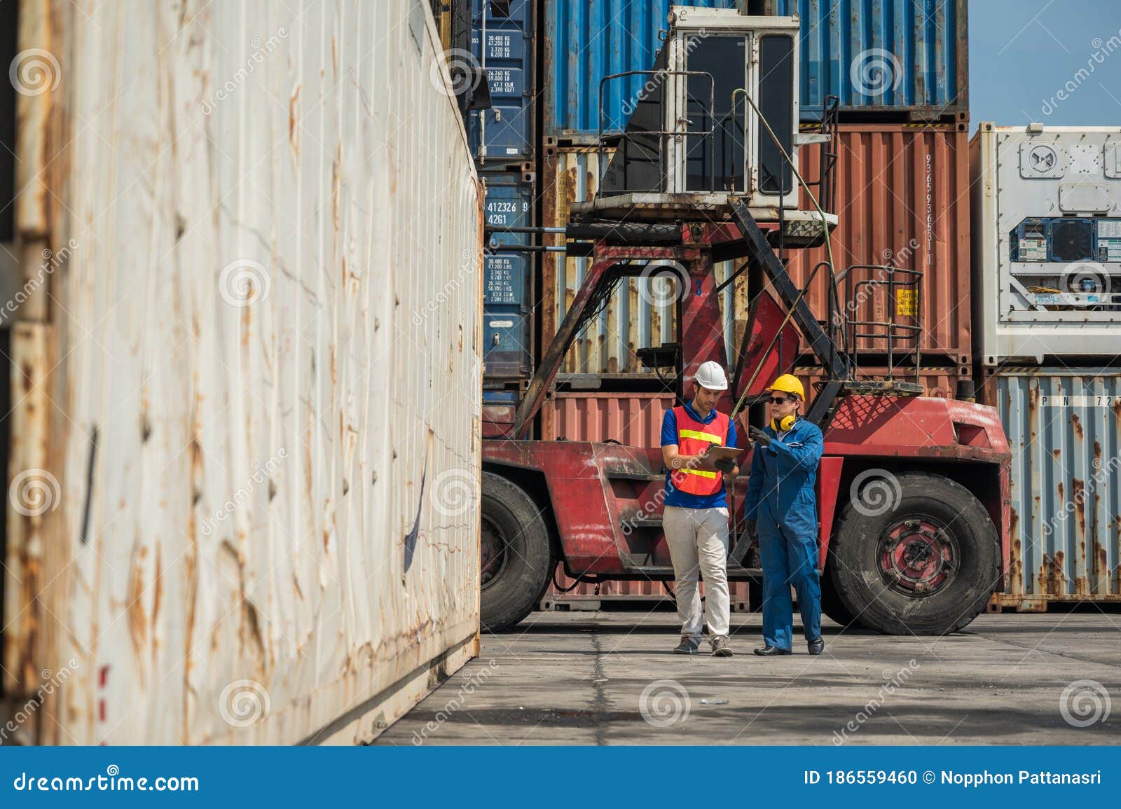 Foreman and Dock Worker Staff Working Checking at Container Cargo ...