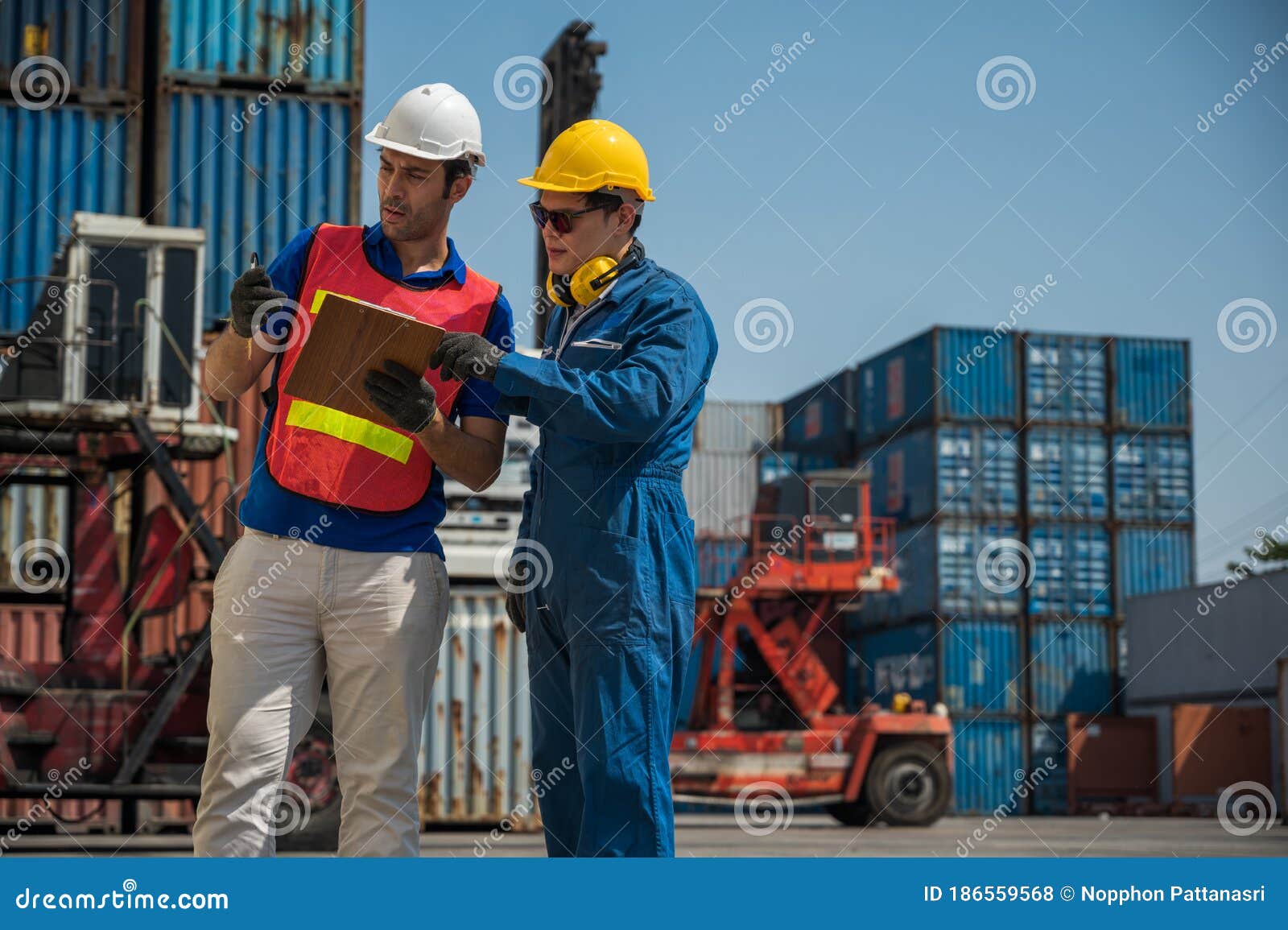 Foreman and Dock Worker Staff Working Checking at Container Cargo ...