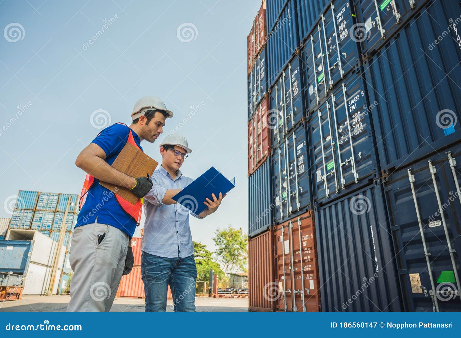 Foreman and Dock Worker Staff Working Checking at Container Cargo ...